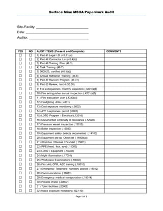 Surface mine paperwork audit template | DOCX