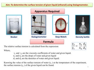 To determine the surface tension of given liquid using Stalagmometer. | PPTX