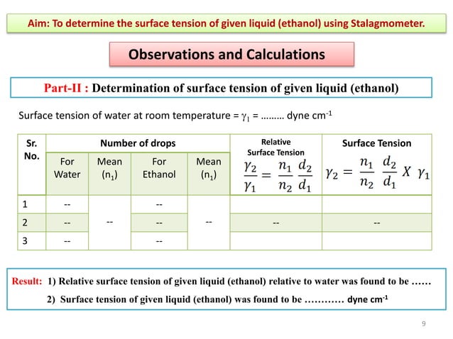 To determine the surface tension of given liquid using Stalagmometer. | PPTX | Chemistry | Science