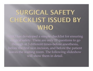 Surgical safety checklist issued by who | PDF