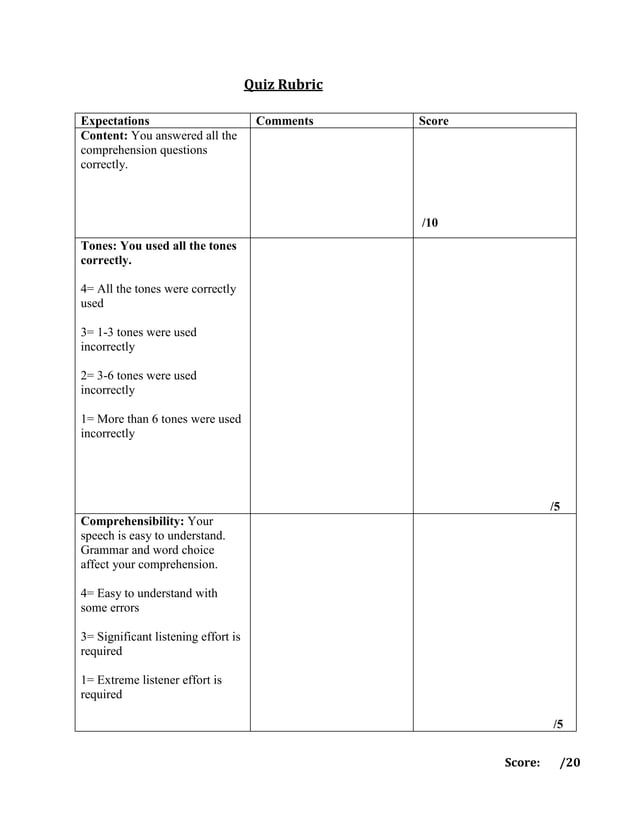 Survival Chinese Quiz Rubric | DOCX