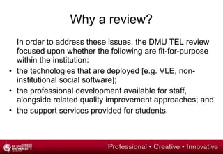 Implementing TEL at DMU: University of Surrey Workshop | PPT ...