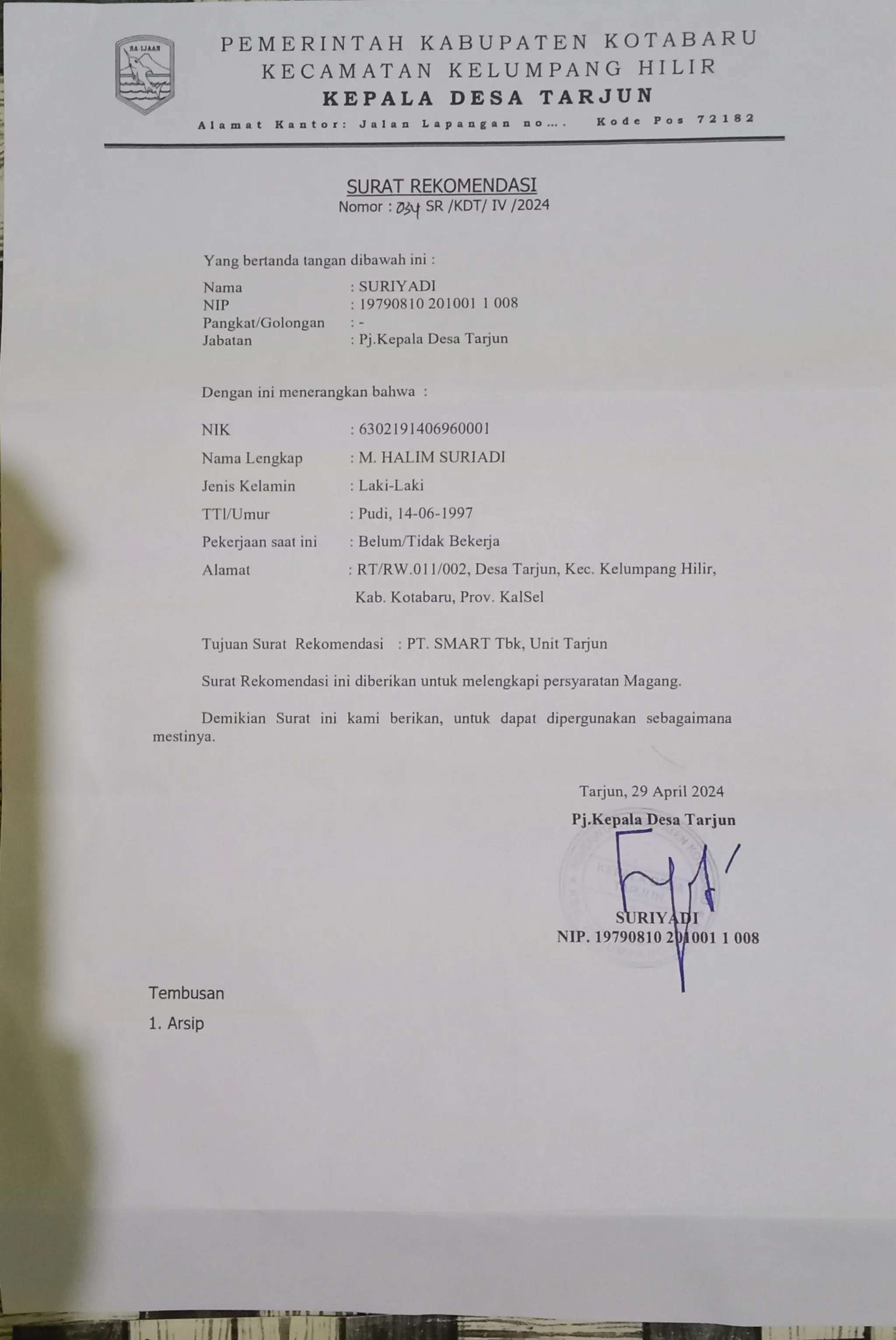 Surat surat Surrt rekomen desa tarjun.pdf