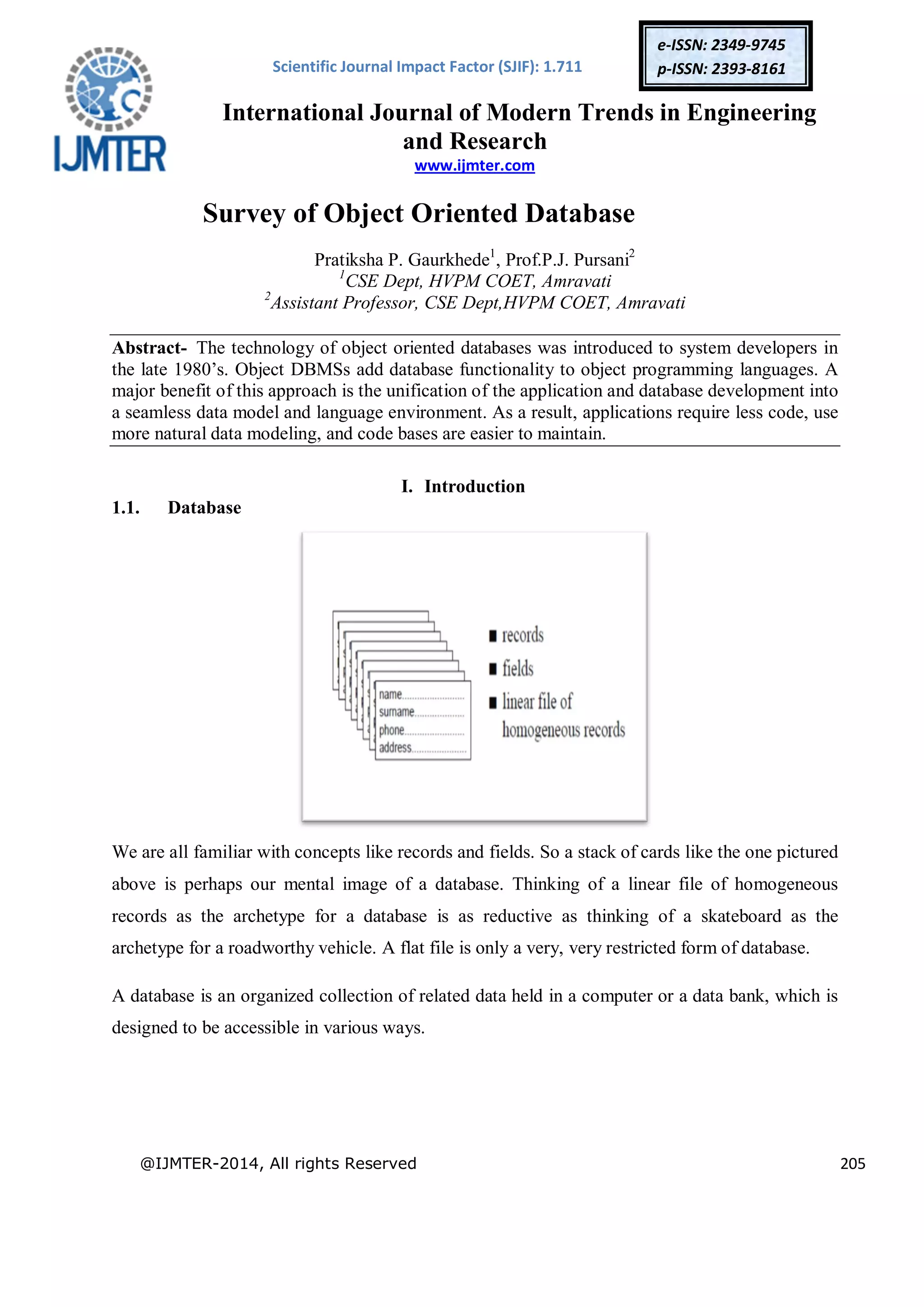 Survey of Object Oriented Database | PDF