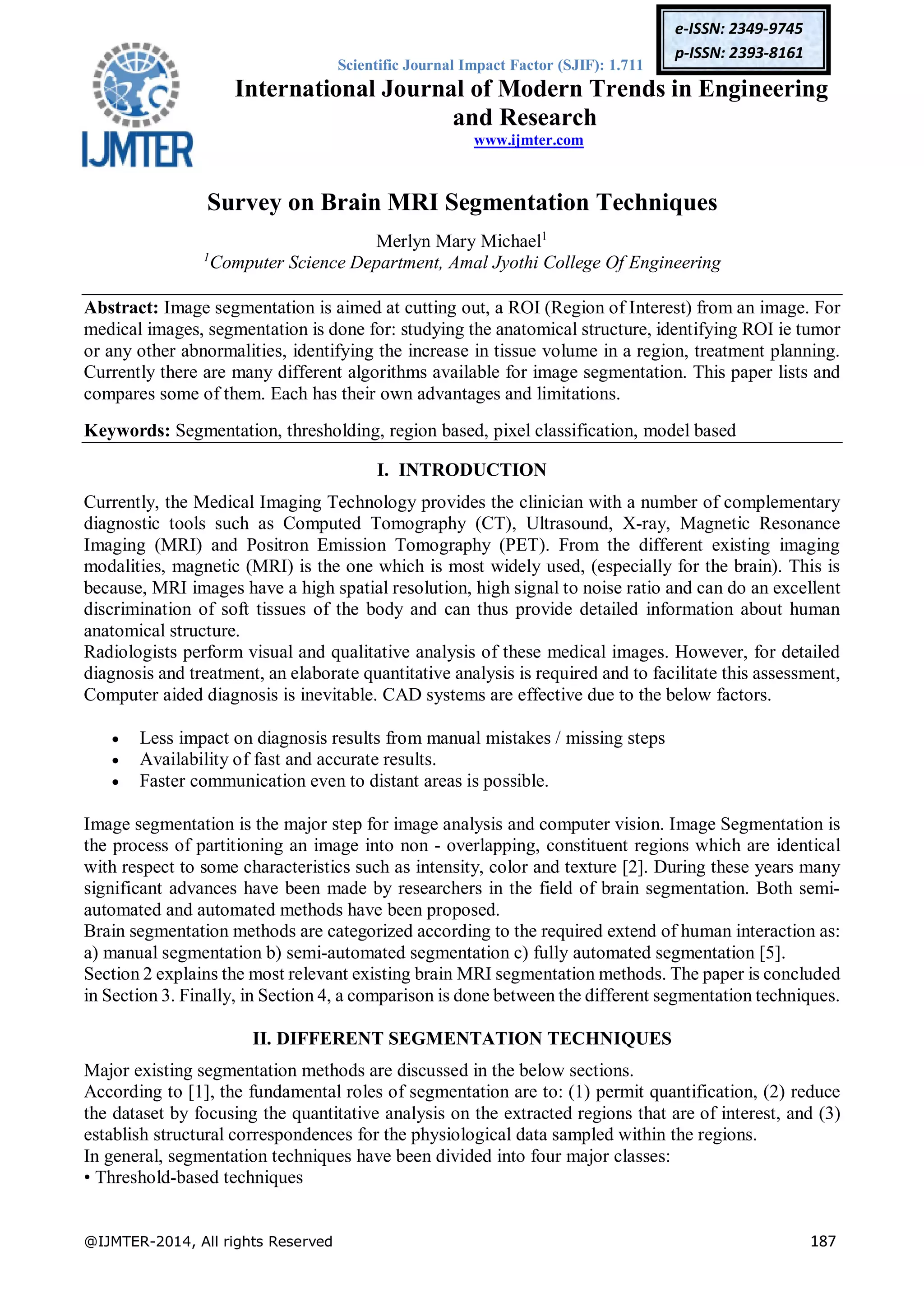 Survey on Brain MRI Segmentation Techniques | PDF