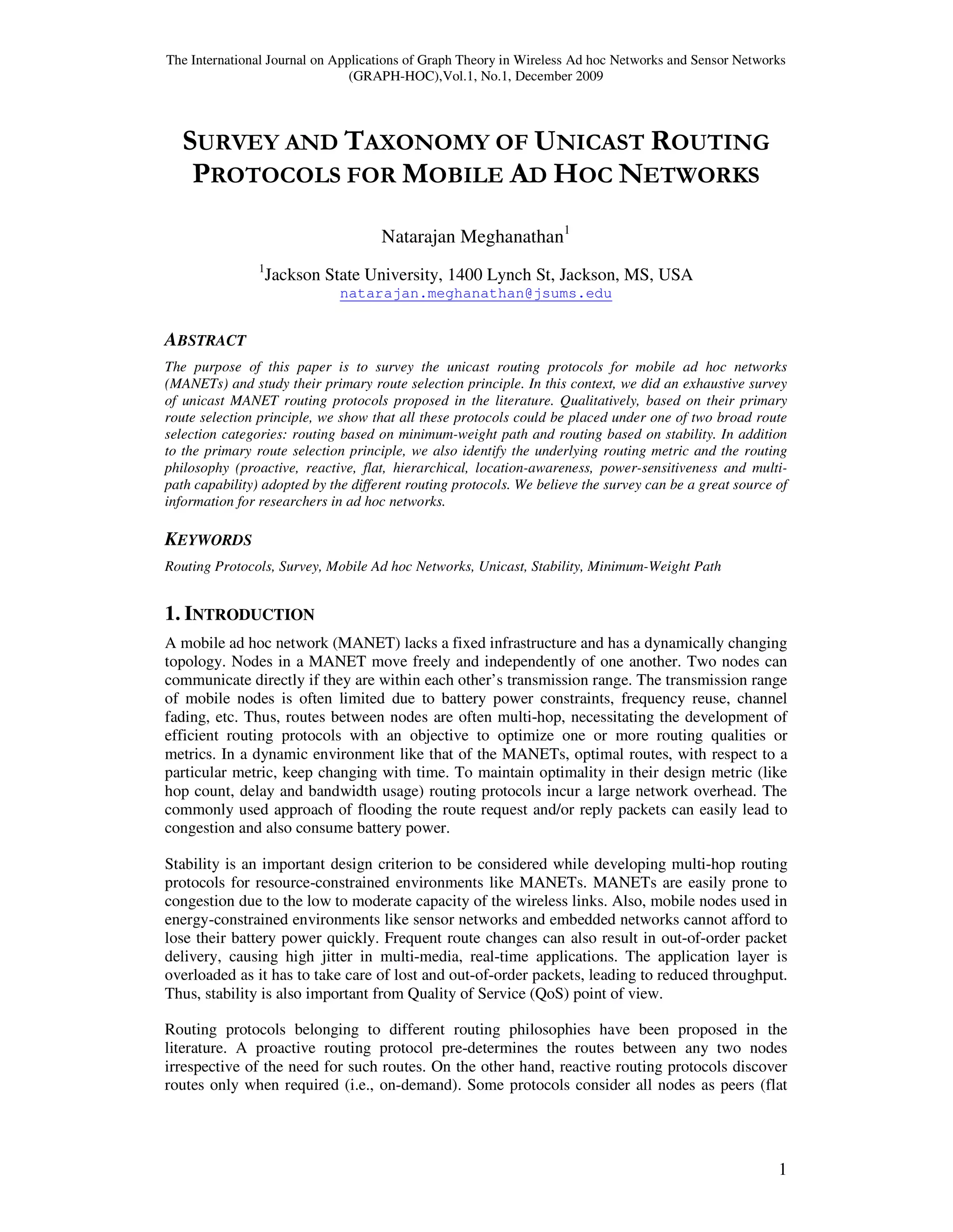 SURVEY AND TAXONOMY OF UNICAST ROUTING PROTOCOLS FOR MOBILE AD HOC NETWORKS | PDF | Computer ...
