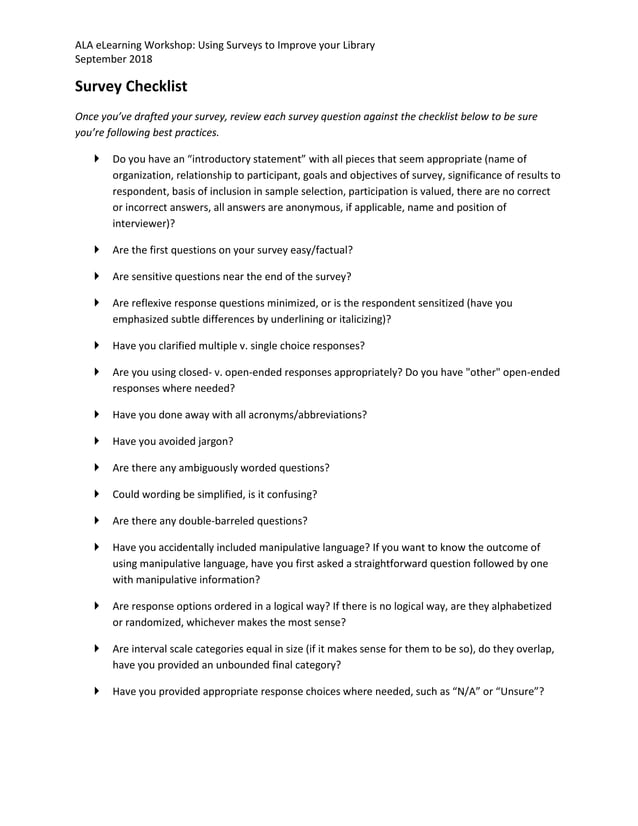 Using Surveys to Improve Your Library: Part 1, Survey Checklist (Sept ...