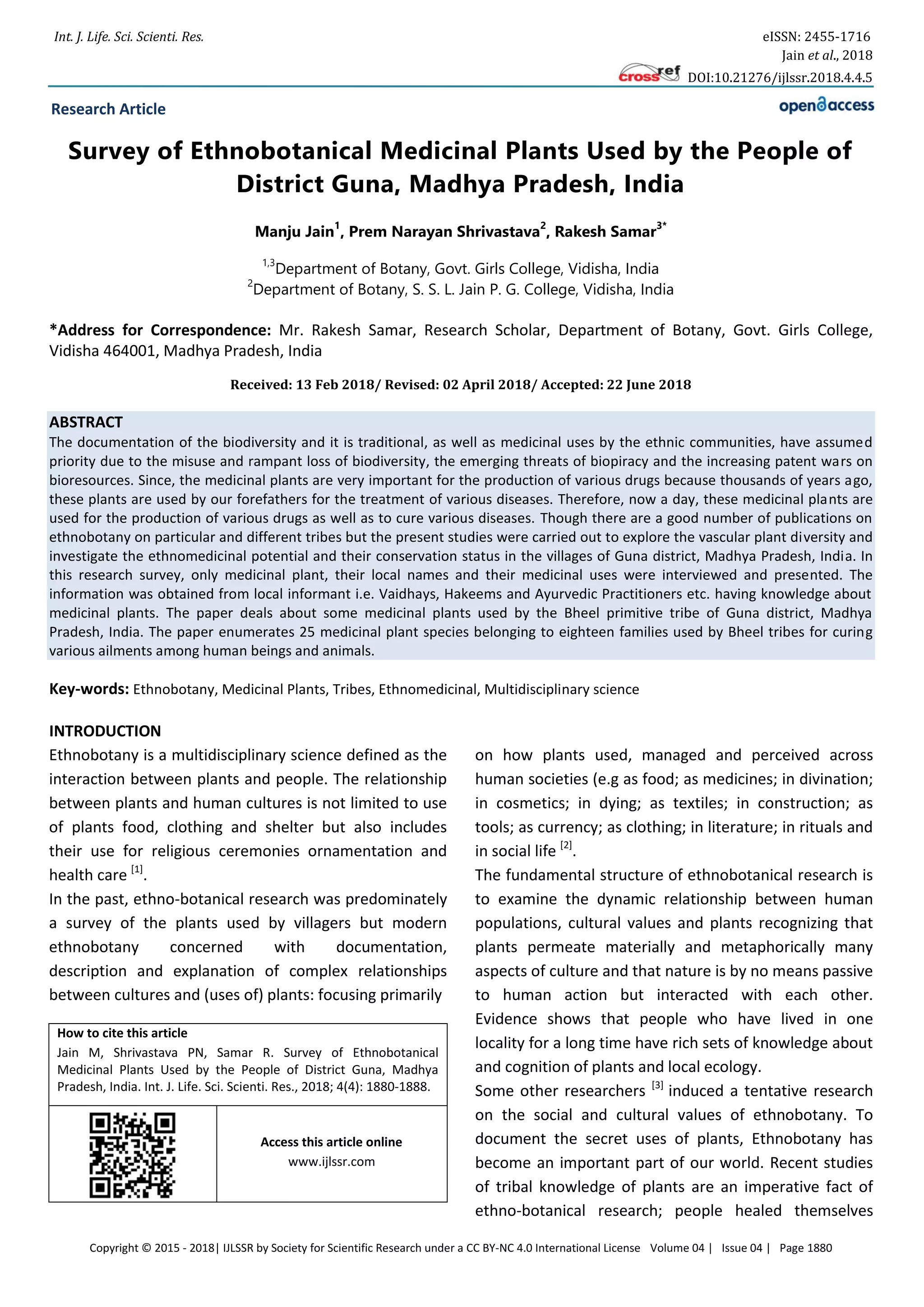 Survey of Ethnobotanical Medicinal Plants Used by the People of District Guna, Madhya Pradesh ...