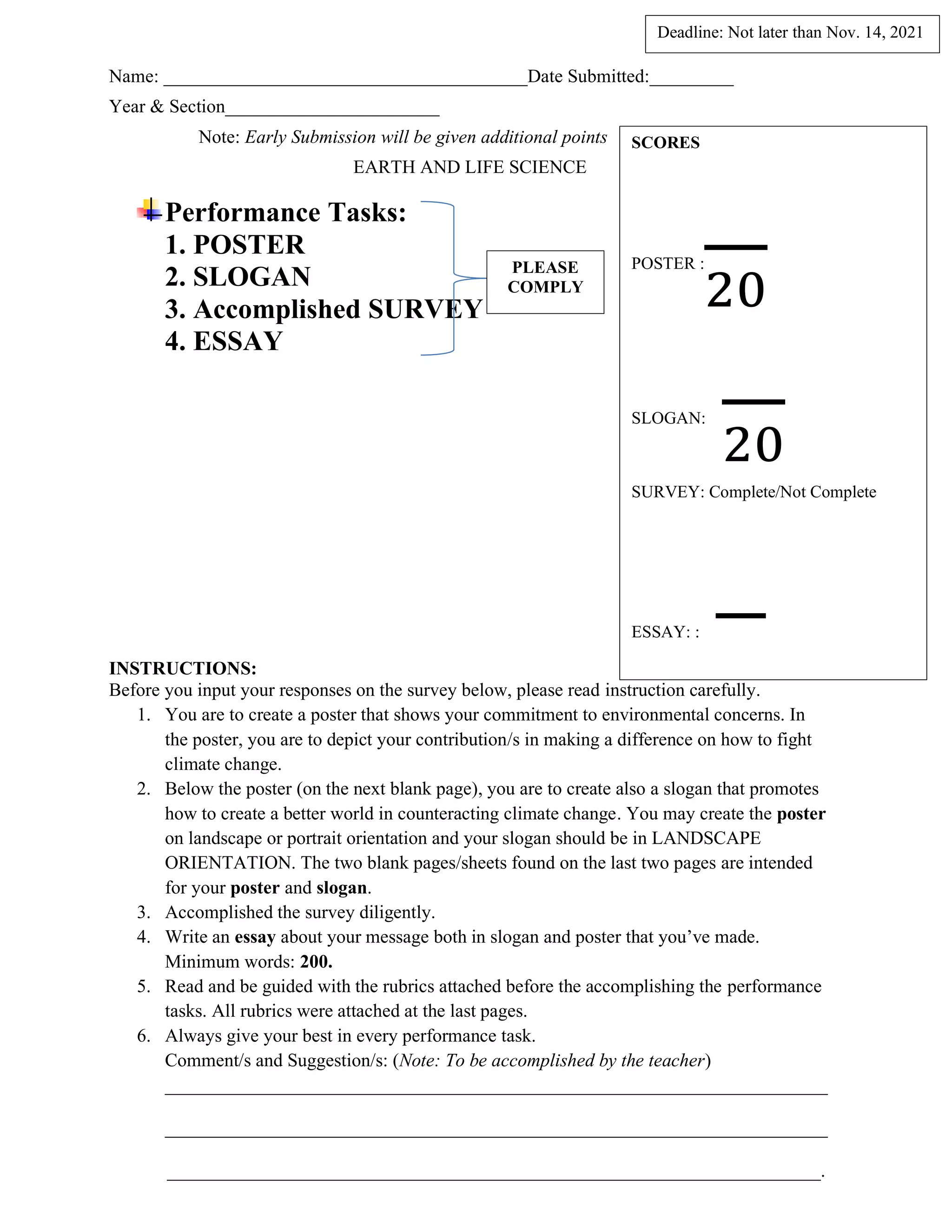 Survey for earth life and science performance task | PDF