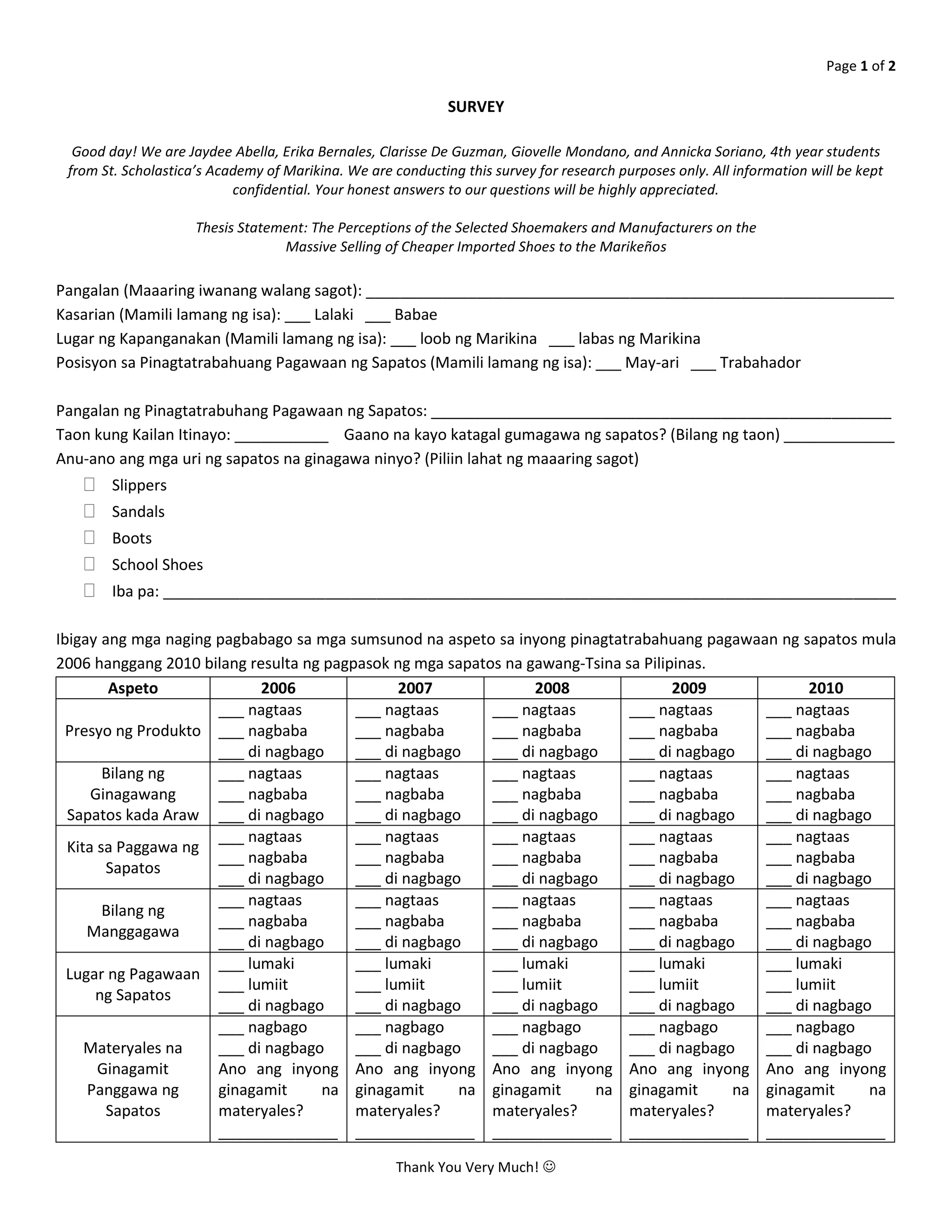 Survey for Shoemakers | DOCX