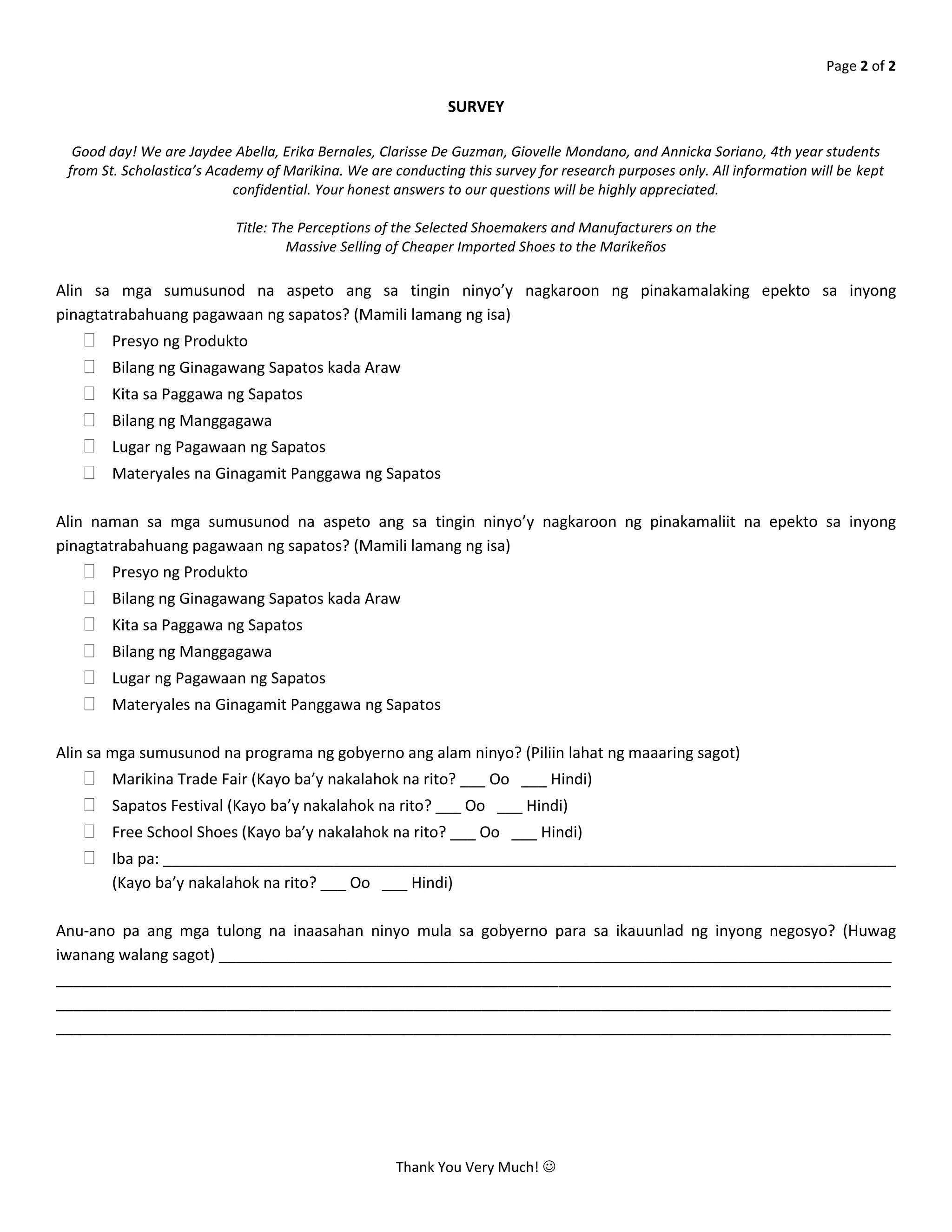 Survey for Shoemakers | DOCX