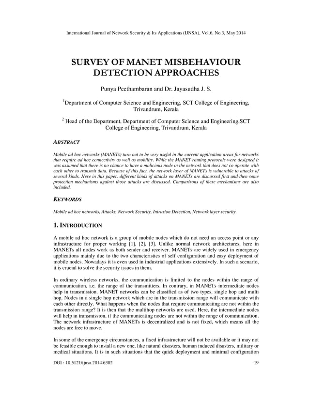 Survey of manet misbehaviour detection approaches | PDF