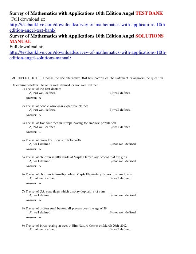Survey Of Mathematics With Applications 10th Edition Angel Test Bank
