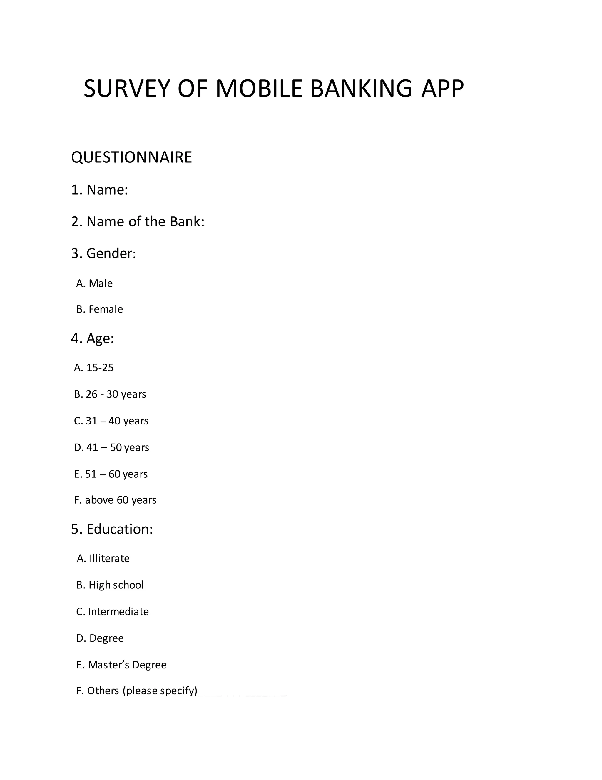 mobile banking app questionnaire | DOCX