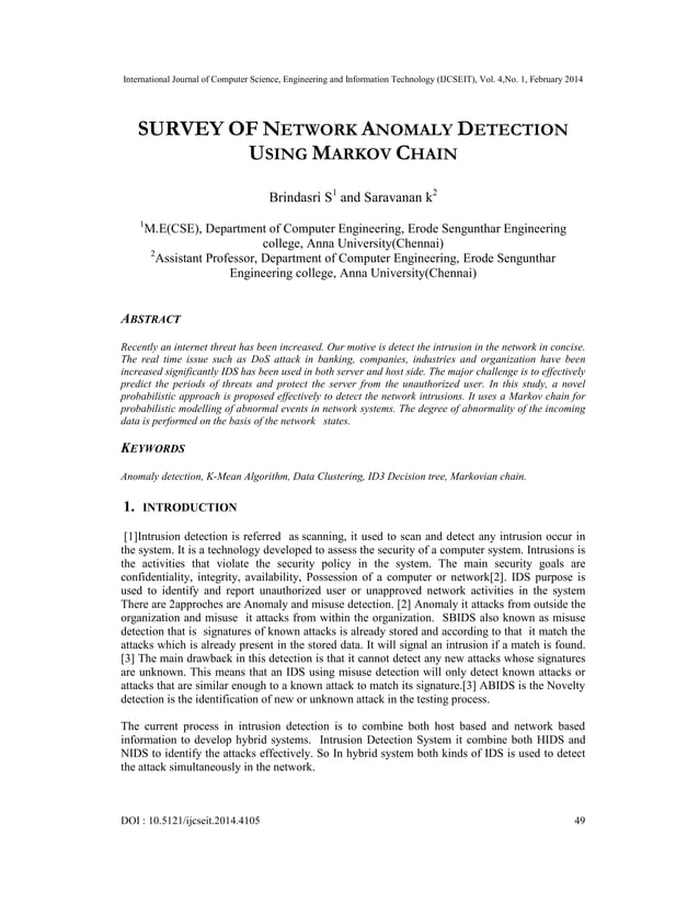 Survey of network anomaly detection using markov chain | PDF