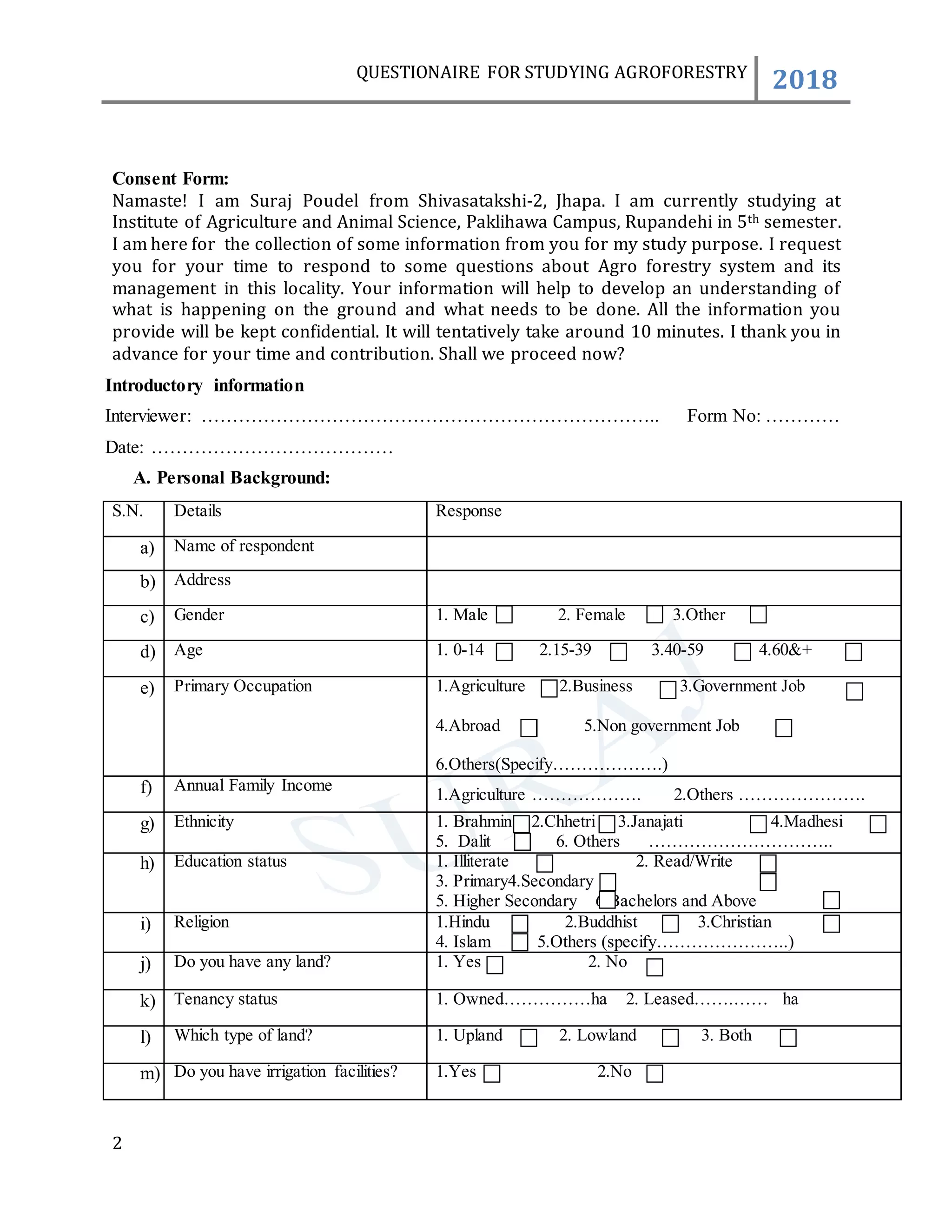 Questionaire designed for Survey on agro forestry system in ...