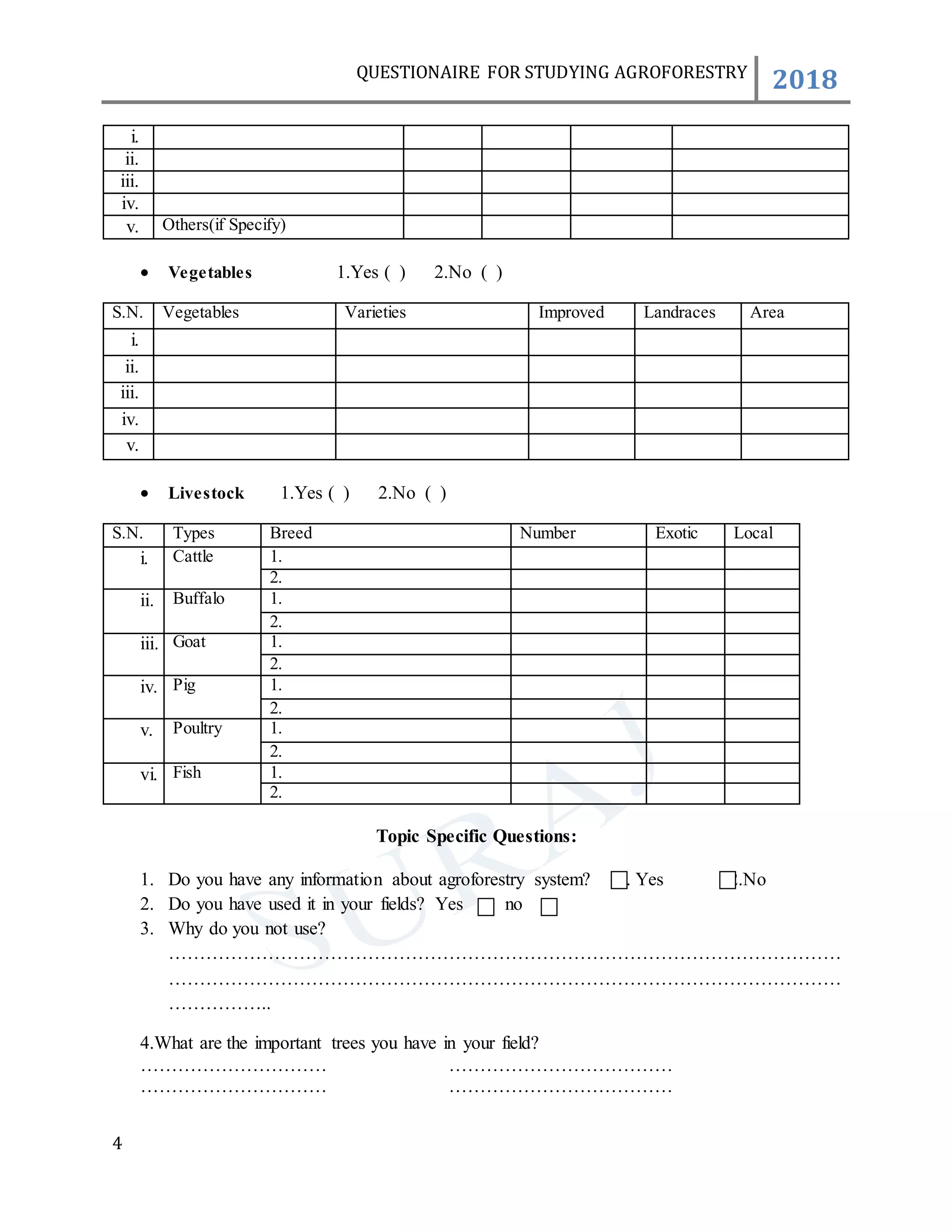 Questionaire designed for Survey on agro forestry system in ...