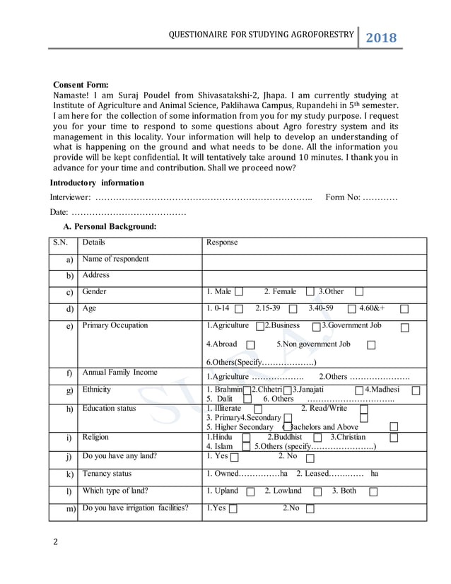 Questionaire designed for Survey on agro forestry system in siddharthanagar municipality ...