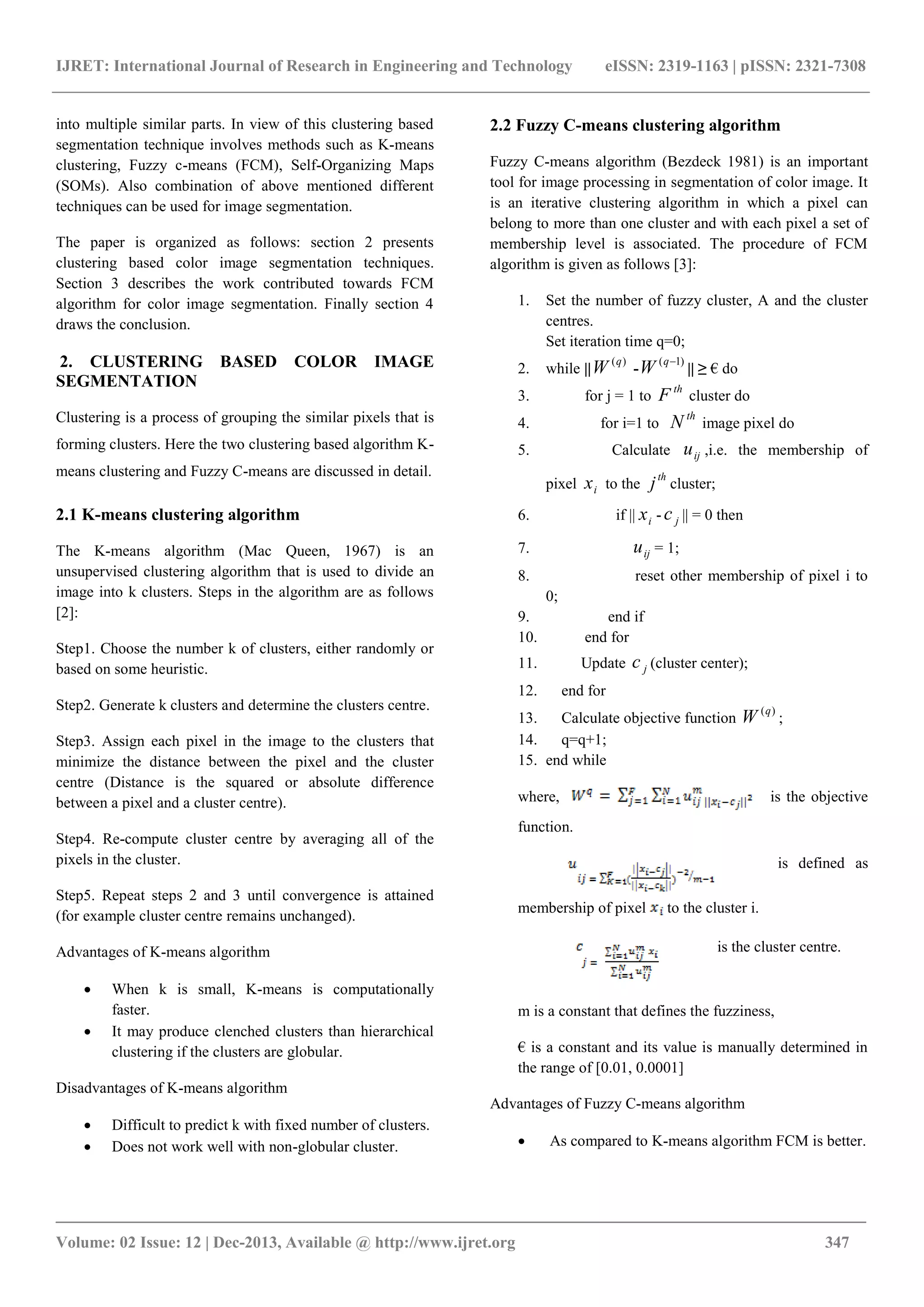 Survey On Clustering Based Color Image Segmentation And Novel Approaches To Fcm Algorithm Pdf