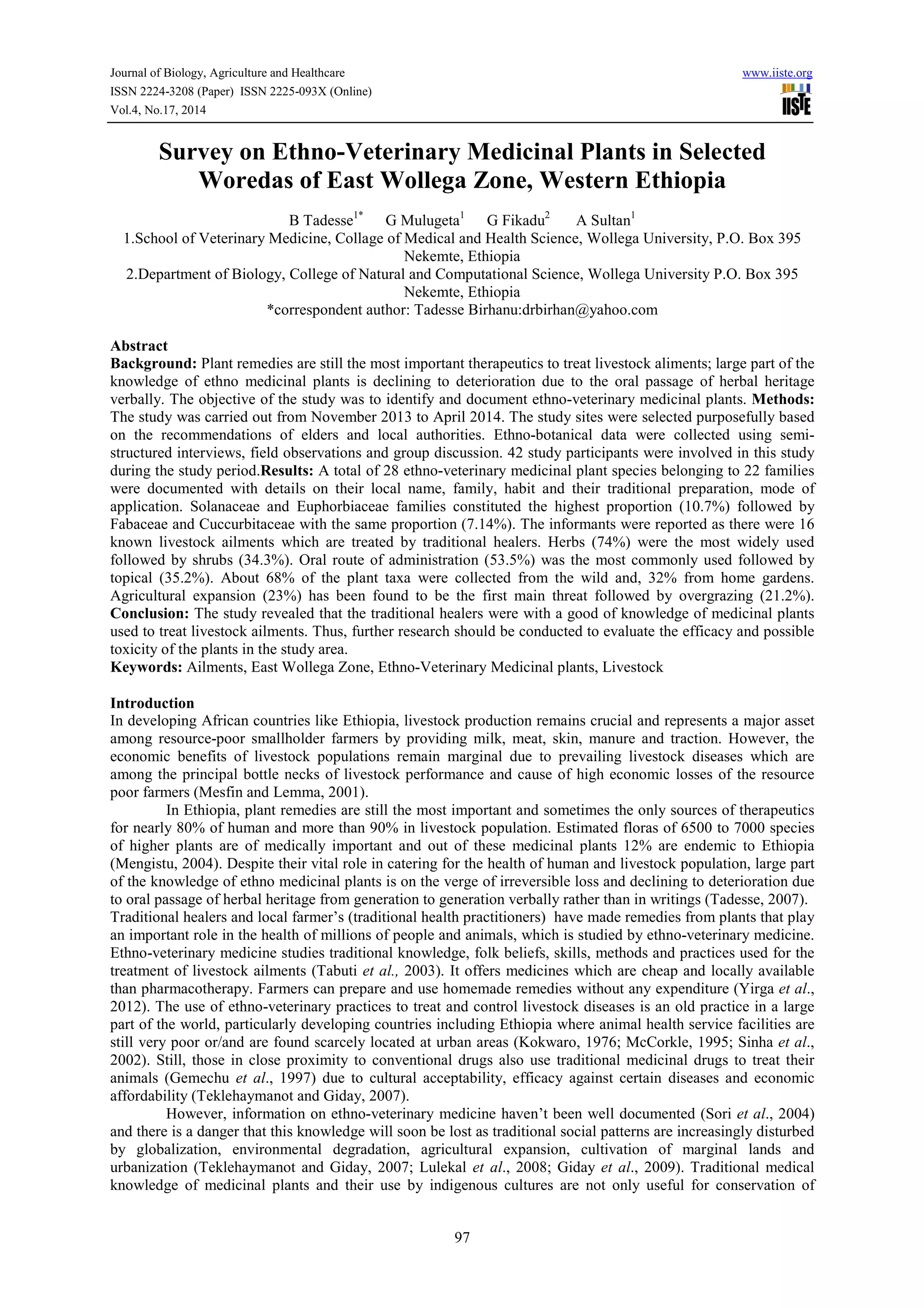 Survey on ethno veterinary medicinal plants in selected woredas of east wollega zone, western ...