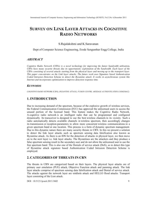 SURVEY ON LINK LAYER ATTACKS IN COGNITIVE RADIO NETWORKS | PDF