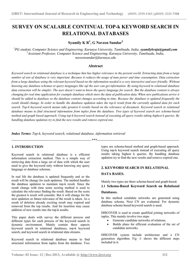 Survey On Scalable Continual Top K Keyword Search In Relational