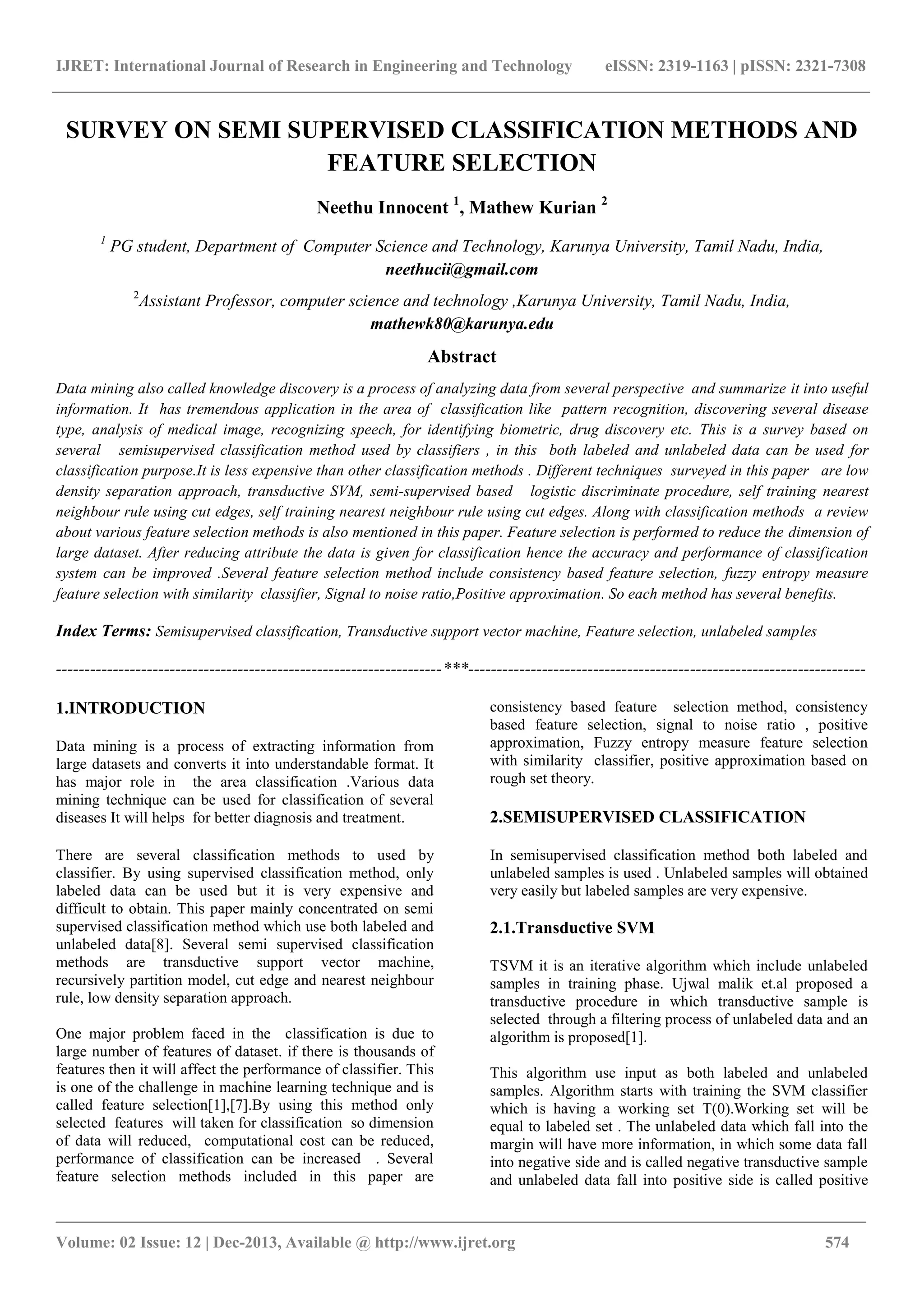 Survey On Semi Supervised Classification Methods And Feature Selection Pdf