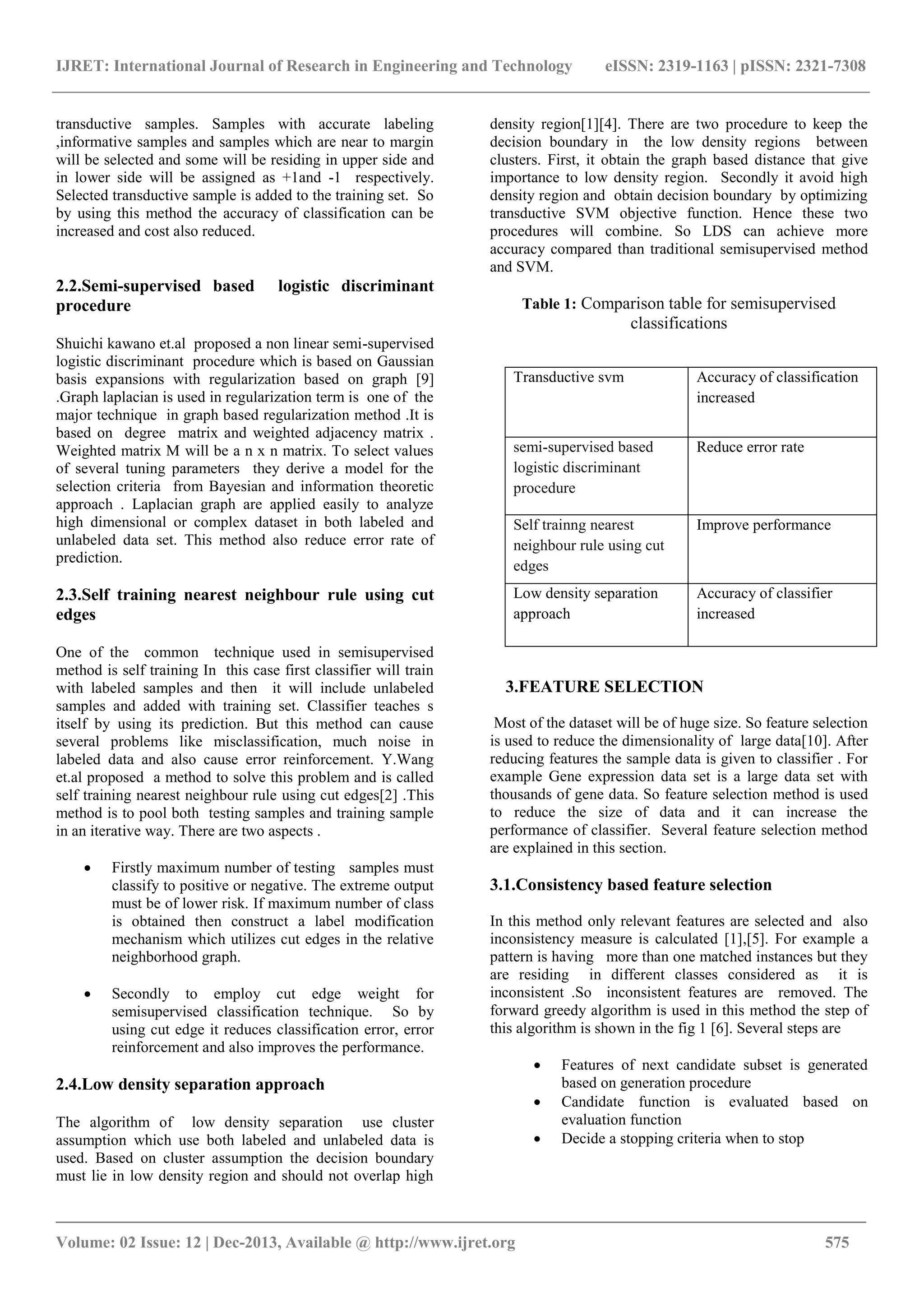 Survey on semi supervised classification methods and feature selection | PDF