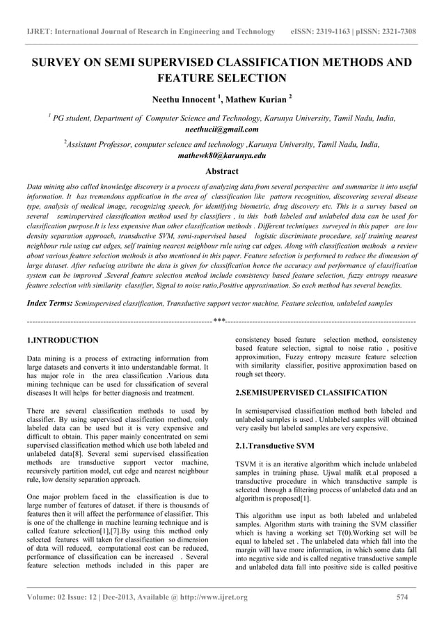 Survey on semi supervised classification methods and feature selection | PDF