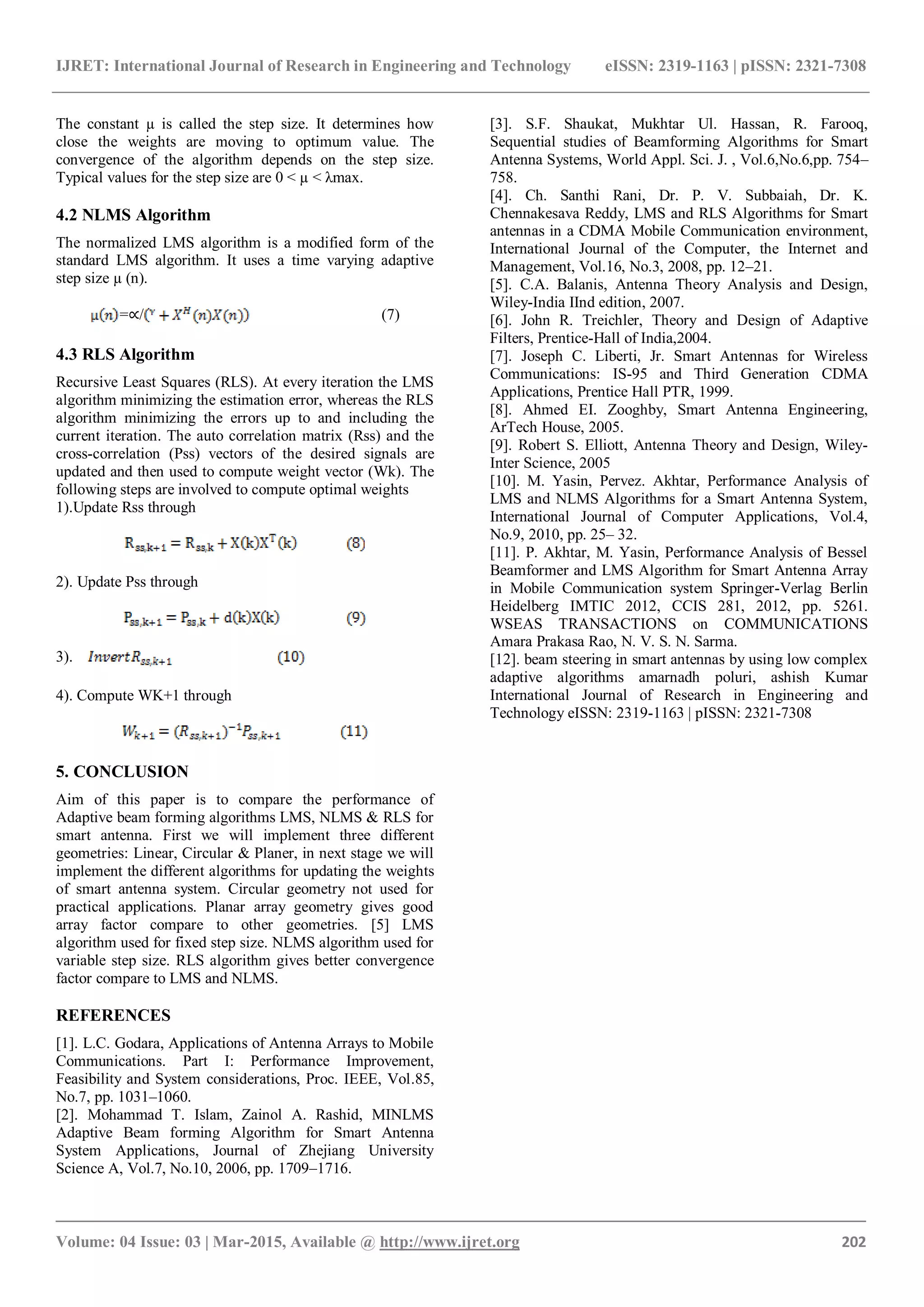 Survey Paper On Adaptive Beamforming Lmsnlms And Rls Algorithms For Smart Antenna System Pdf