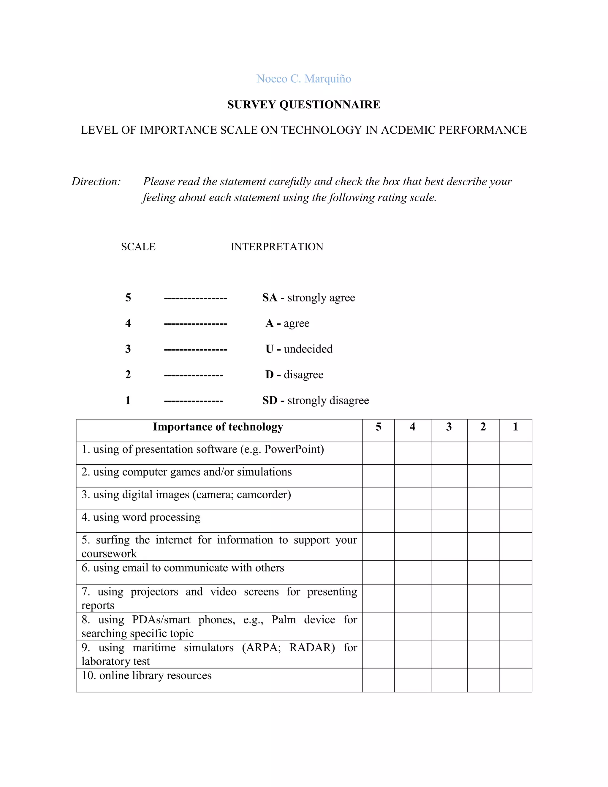 Survey questionnaire by: noeco marquino | DOCX