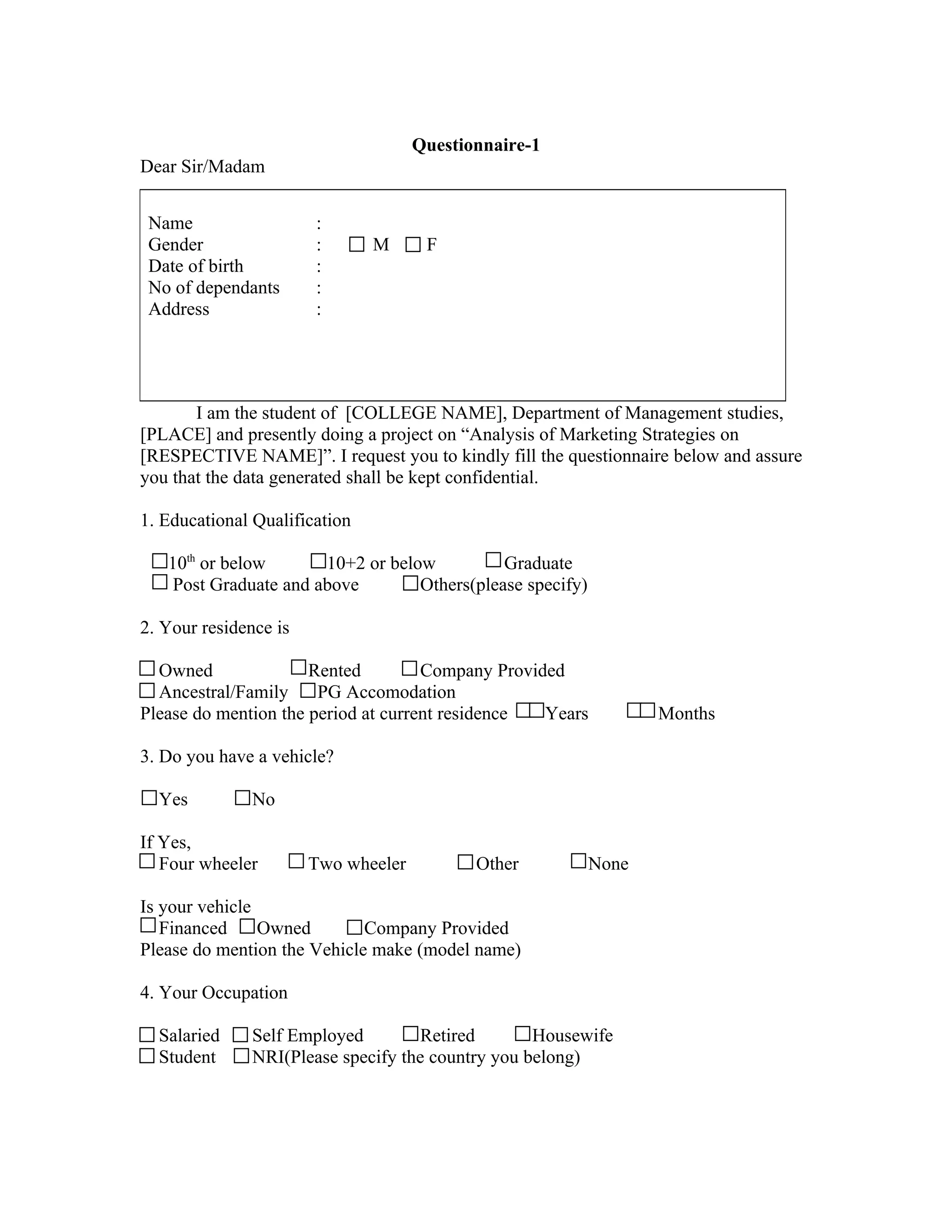 Survey questionnaire format for project | DOC