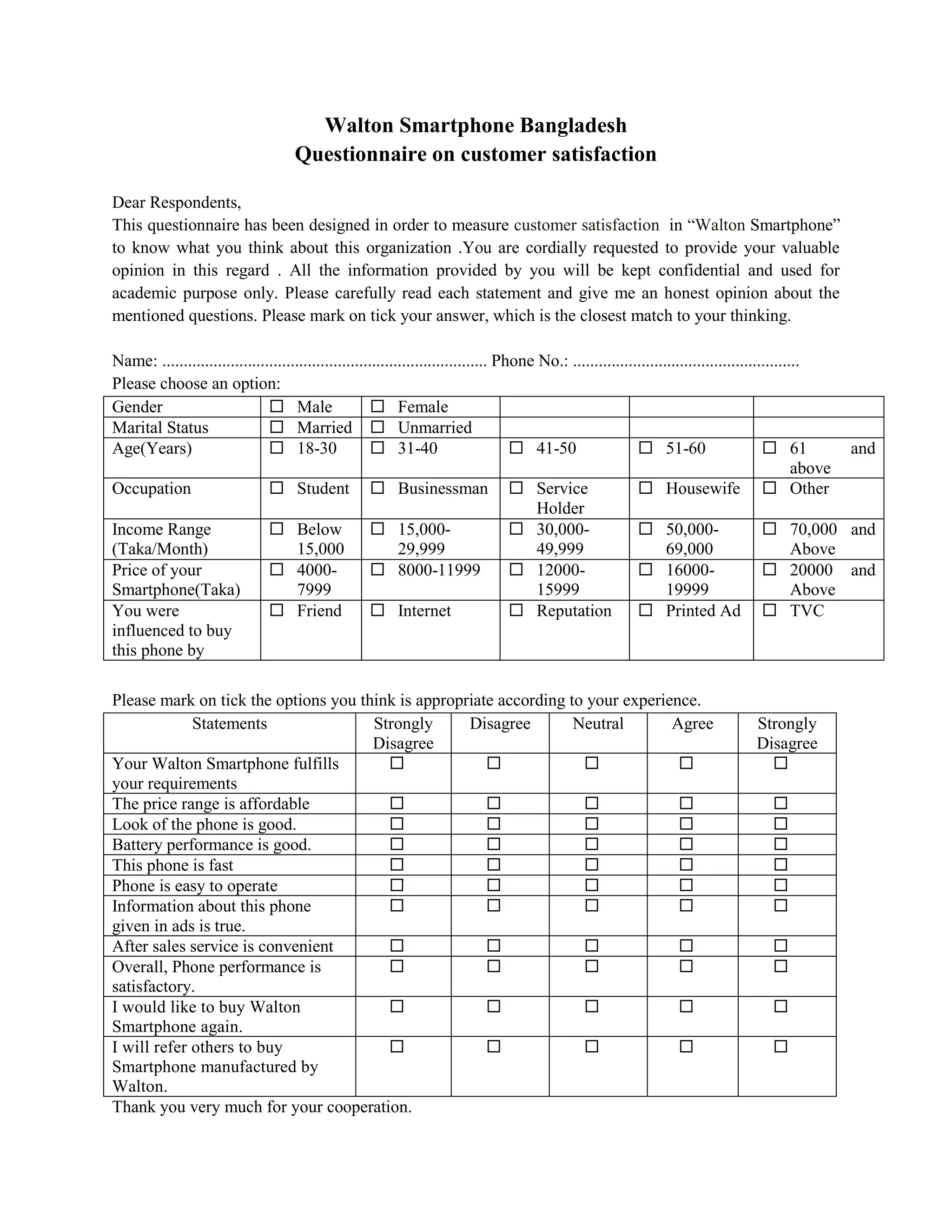 Survey questionnaire of walton smartphone | PDF