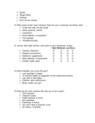 SURVEY QUESTIONNAIRE Founding A Fitness Club In Hyderabad. | DOCX