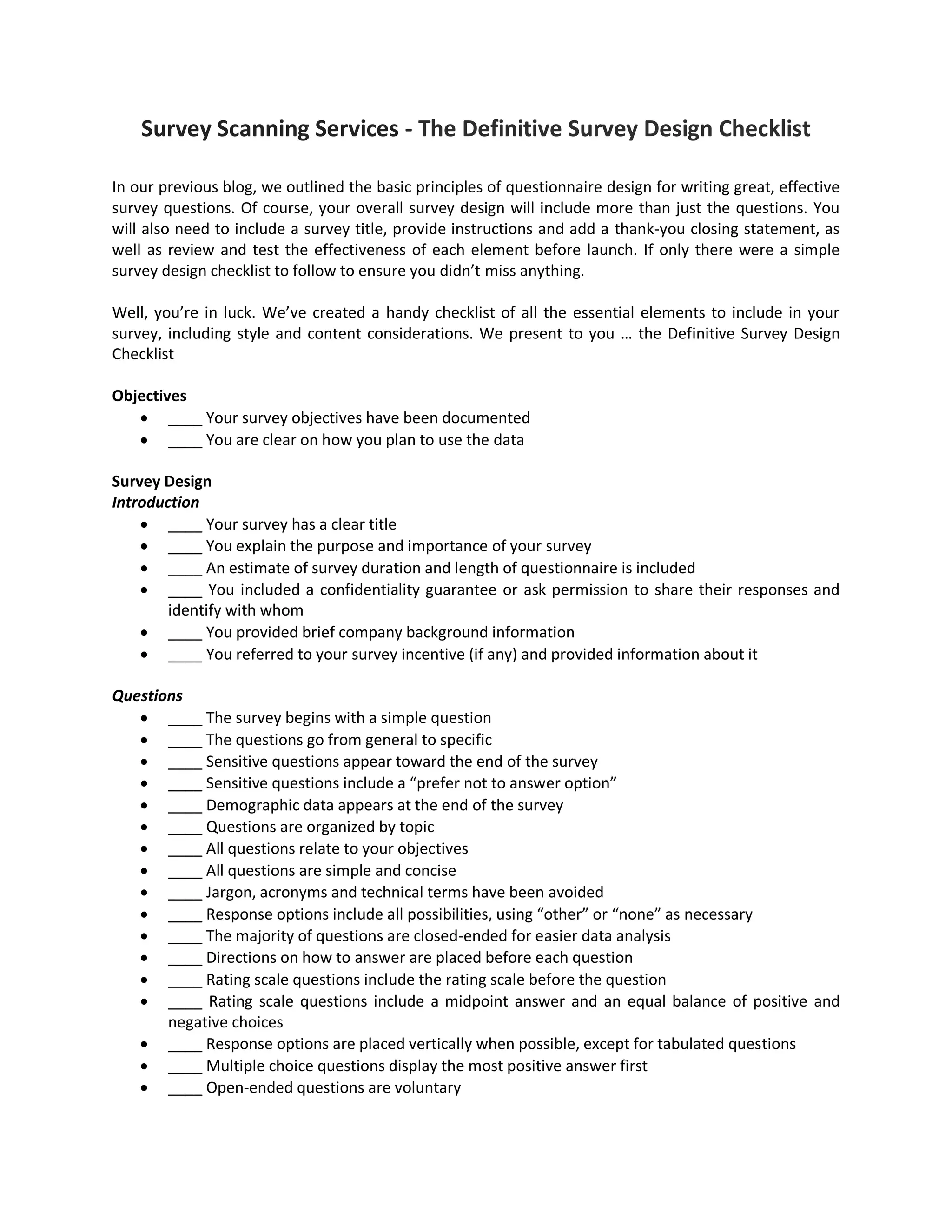 Survey Scanning Services - The Definitive Survey Design Checklist | PDF ...