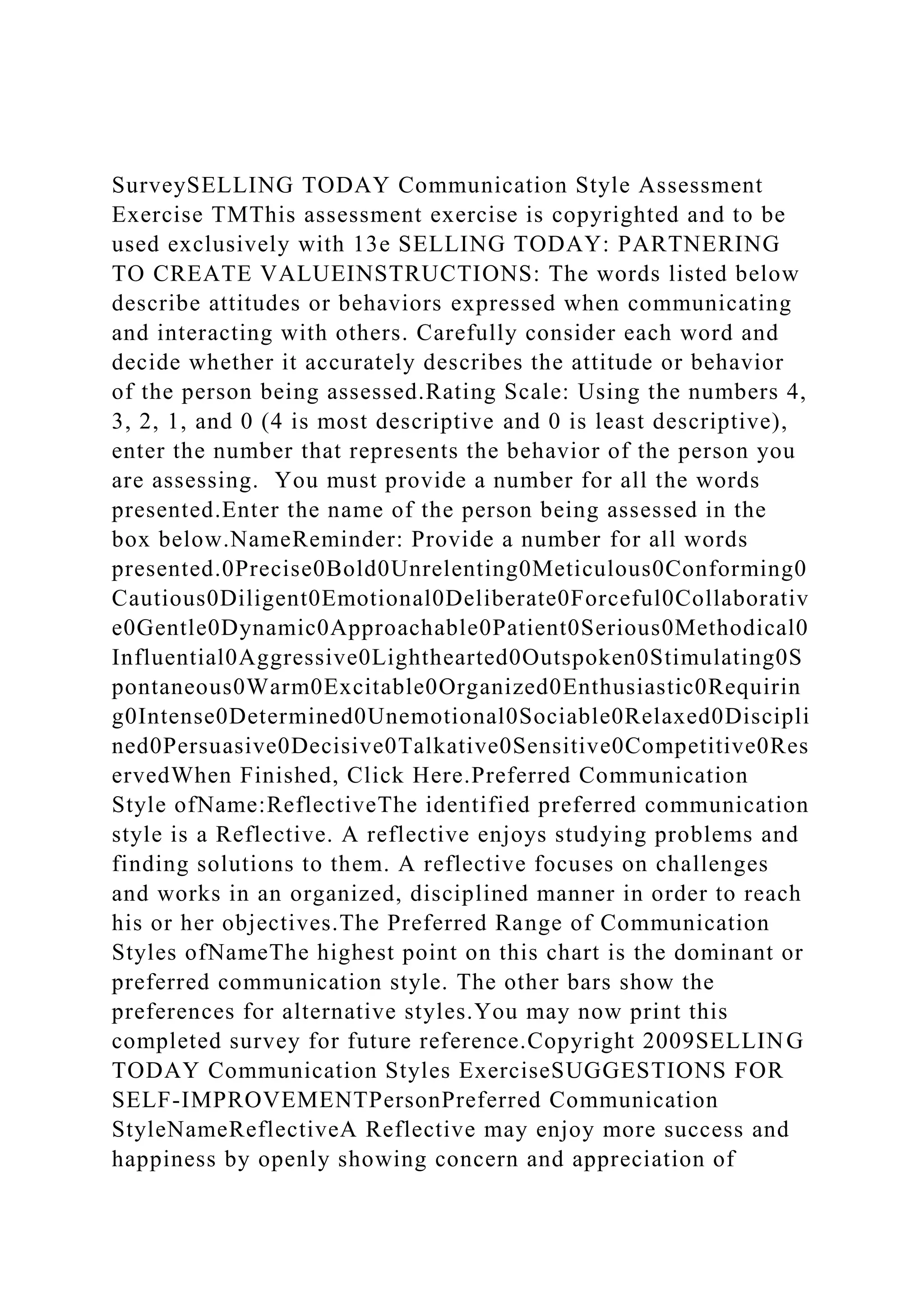 SurveySELLING TODAY Communication Style Assessment Exercise TMThis.docx