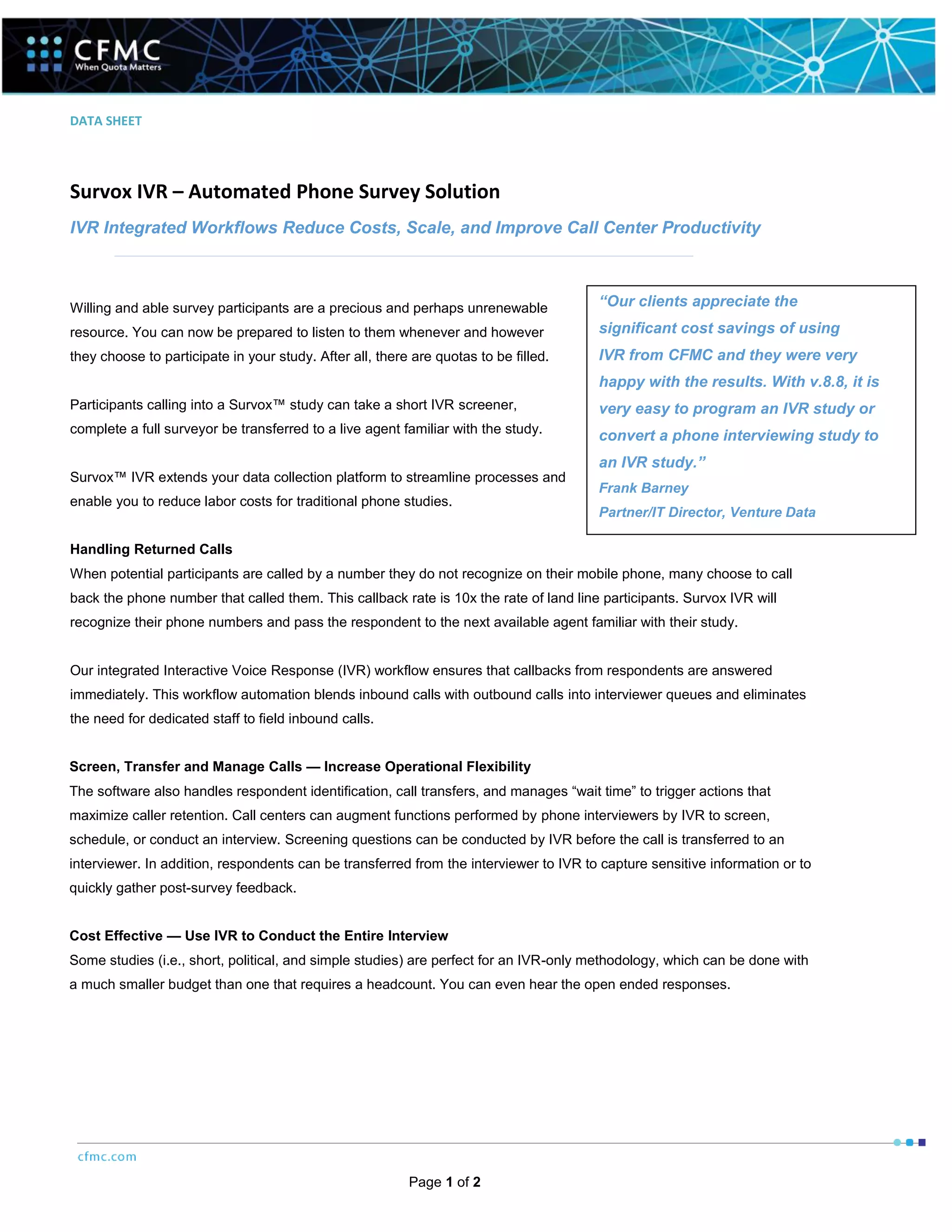 Survox ivr-data-sheet | PDF | Technology & Computing