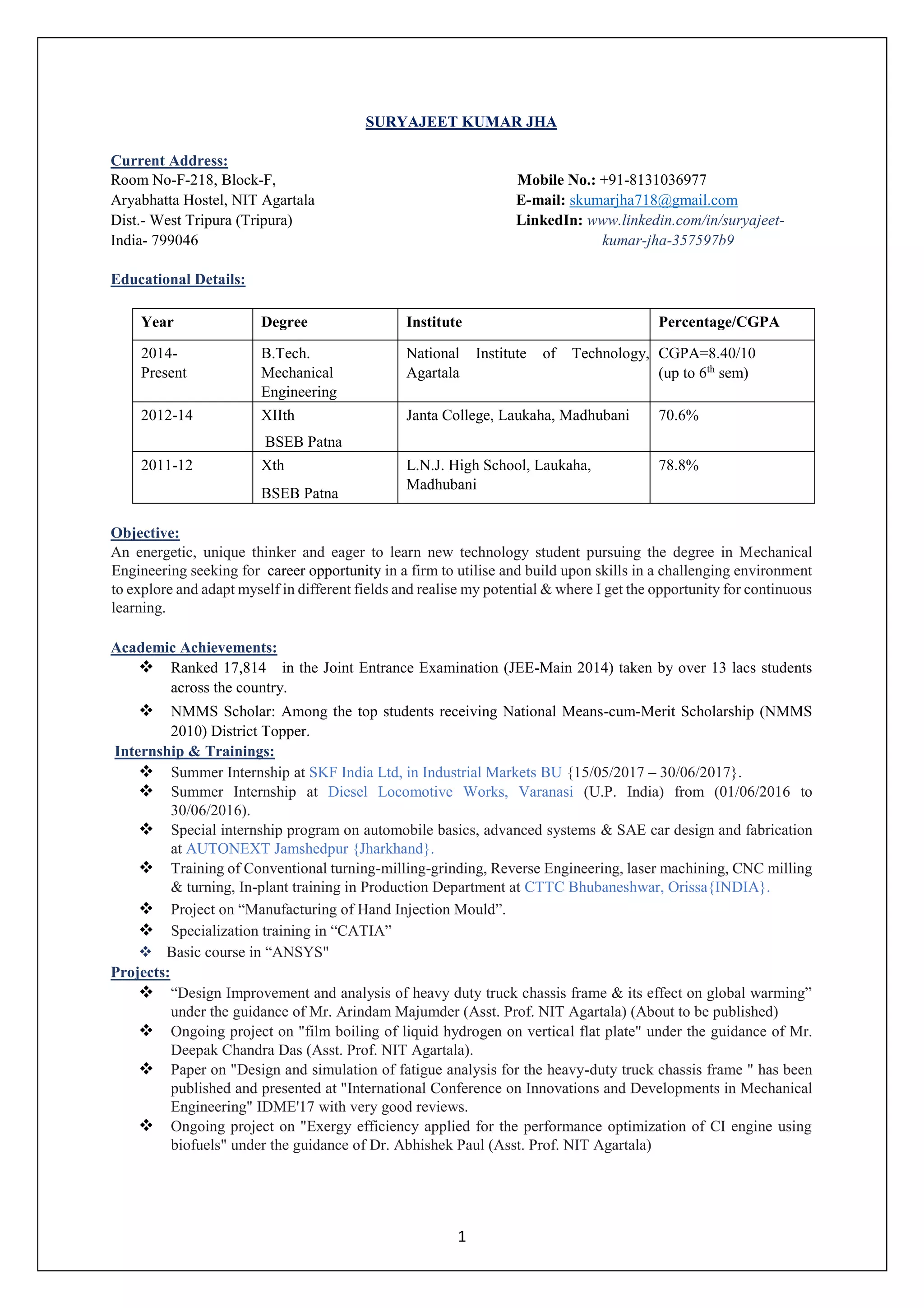 Suryajeet cv NIT AGARTALA | PDF