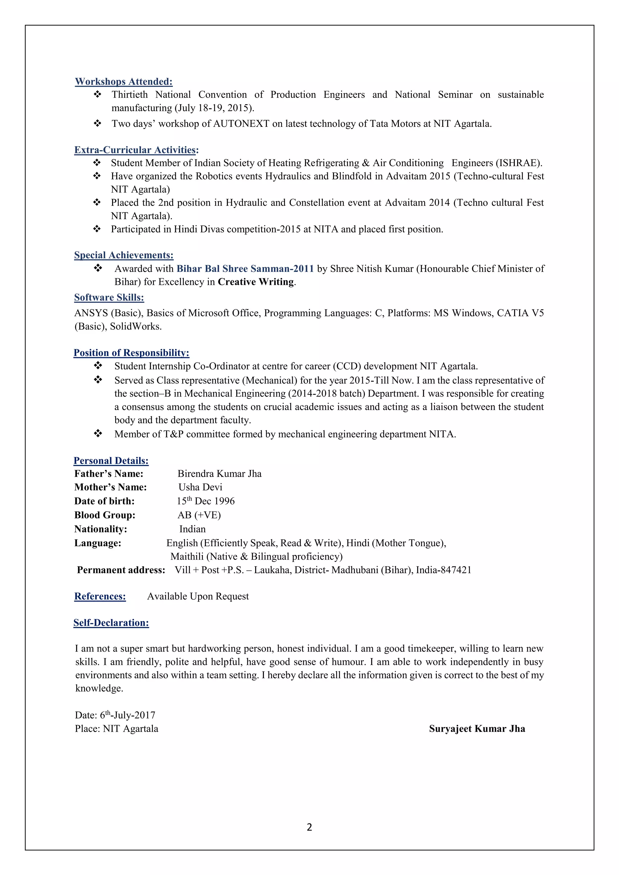 Suryajeet cv NIT AGARTALA | PDF