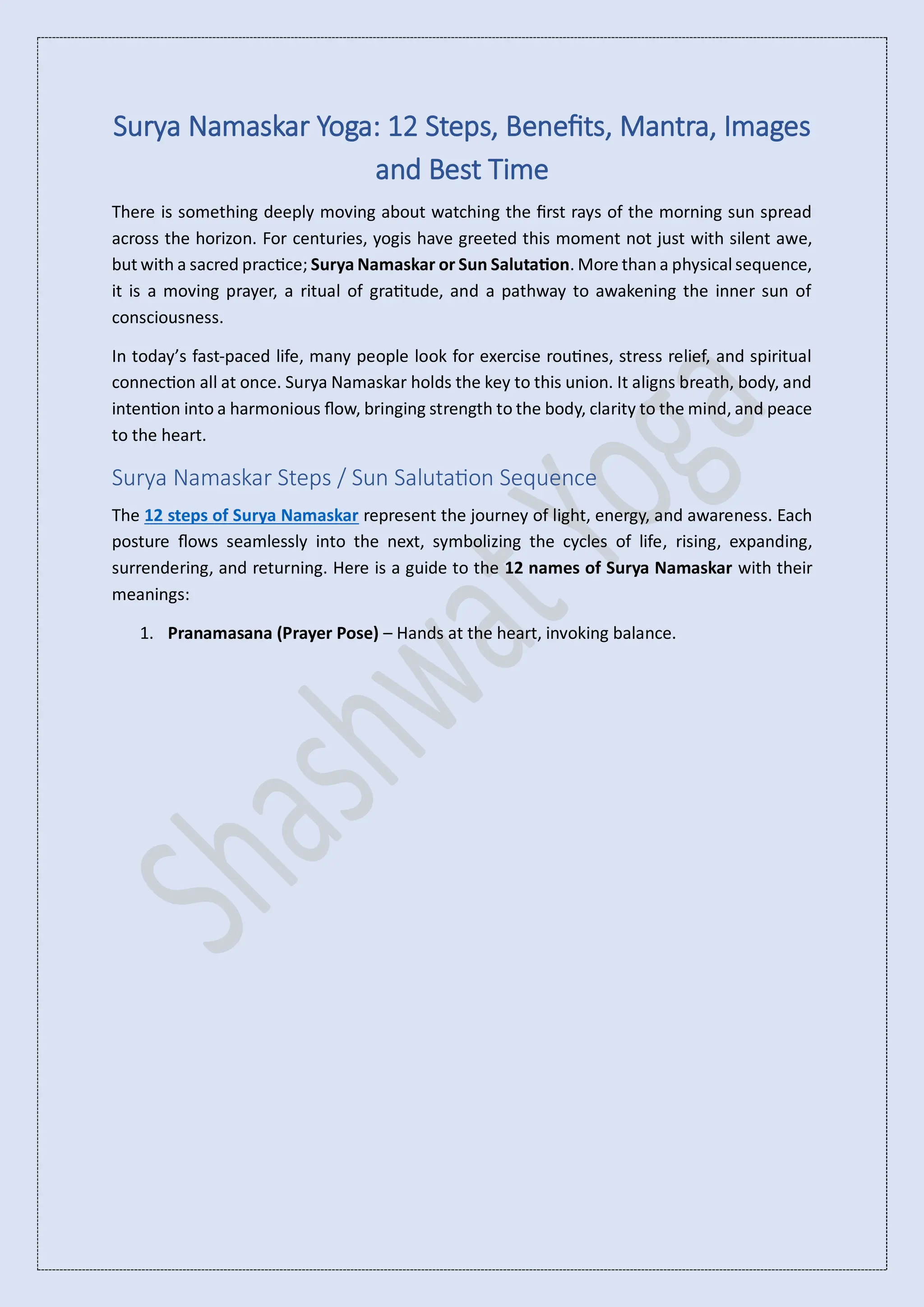 Surya Namaskar Yoga: 12 Steps, Benefits, Mantra, Images and Best Time | PDF