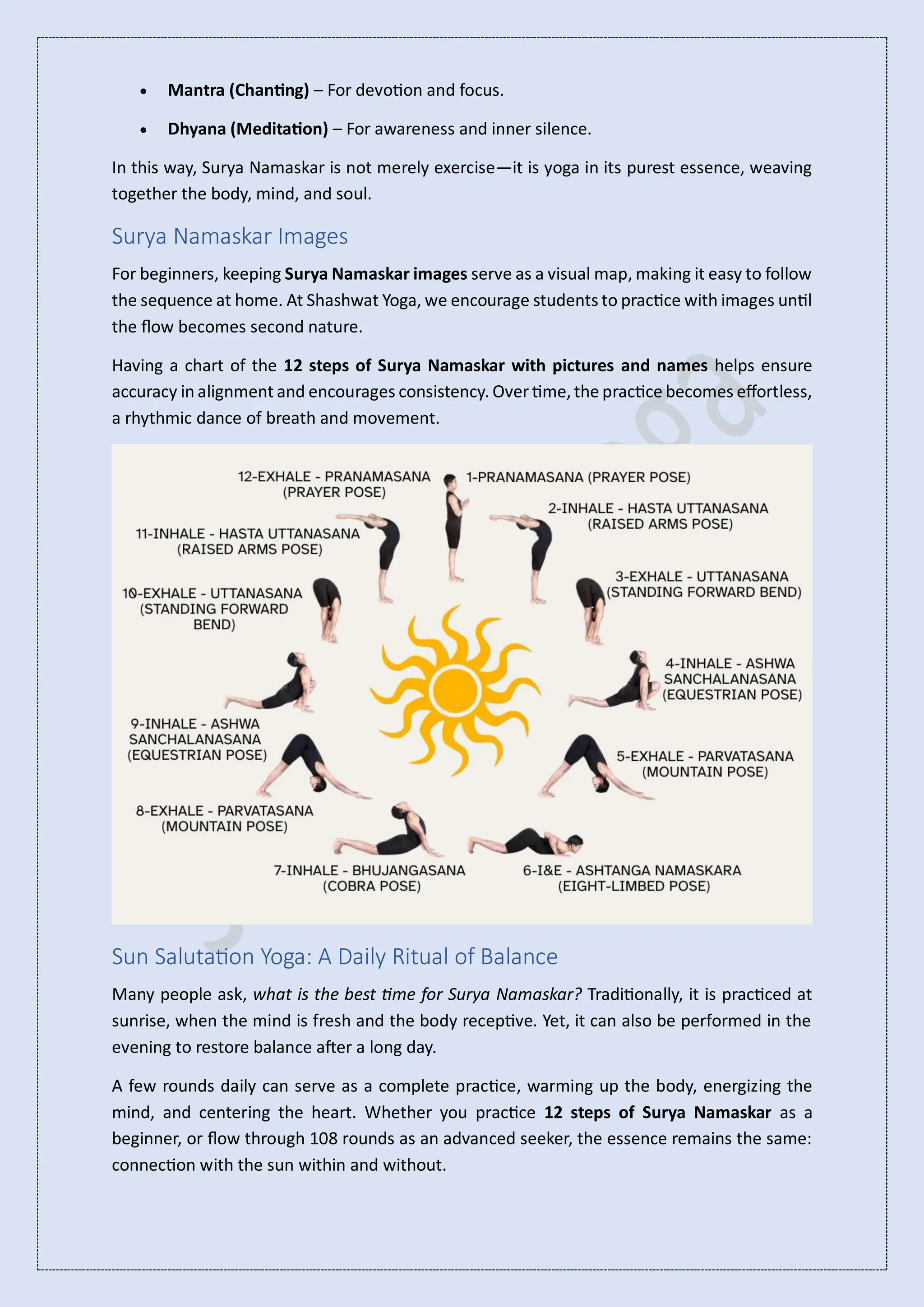 Surya Namaskar Yoga: 12 Steps, Benefits, Mantra, Images and Best Time | PDF