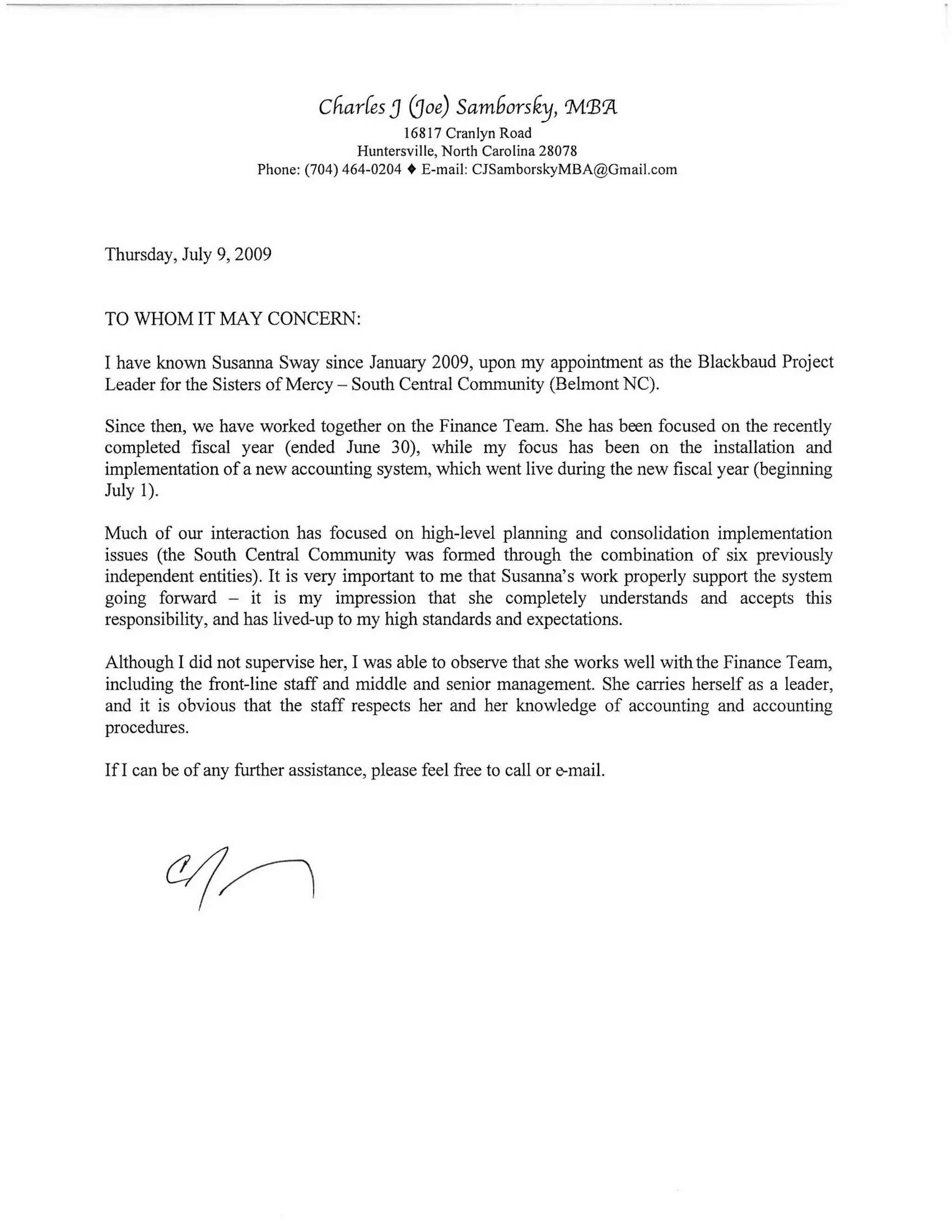Susanna Sway Letter Of Recommendation 2009 | PDF