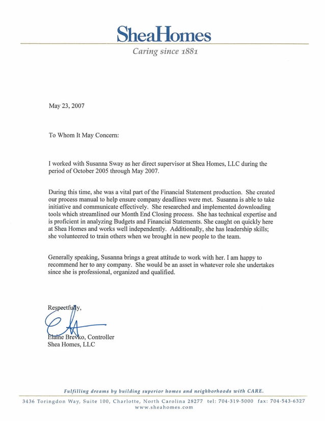 Susanna Sway Shea Homes Letter of Recommendation | PDF