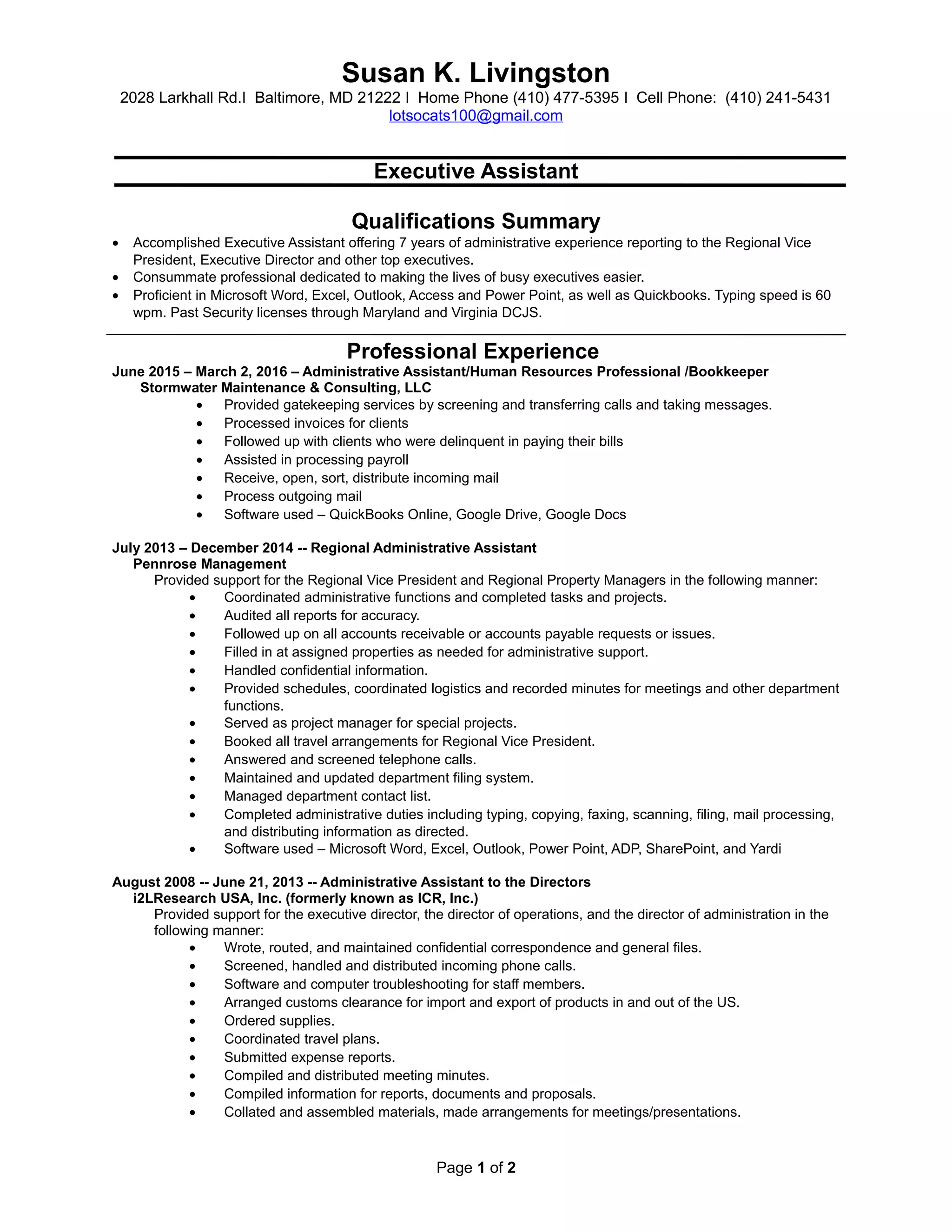 Susans resume march 2016 with software | DOC