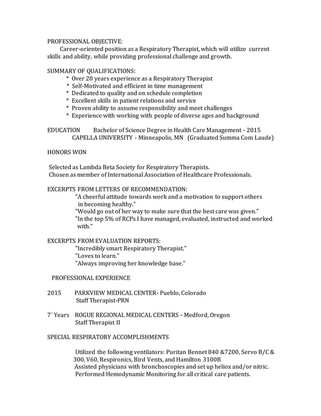 Susan's Professional Respiratory Resume | DOCX | Lung and Respiratory Health | Diseases and ...