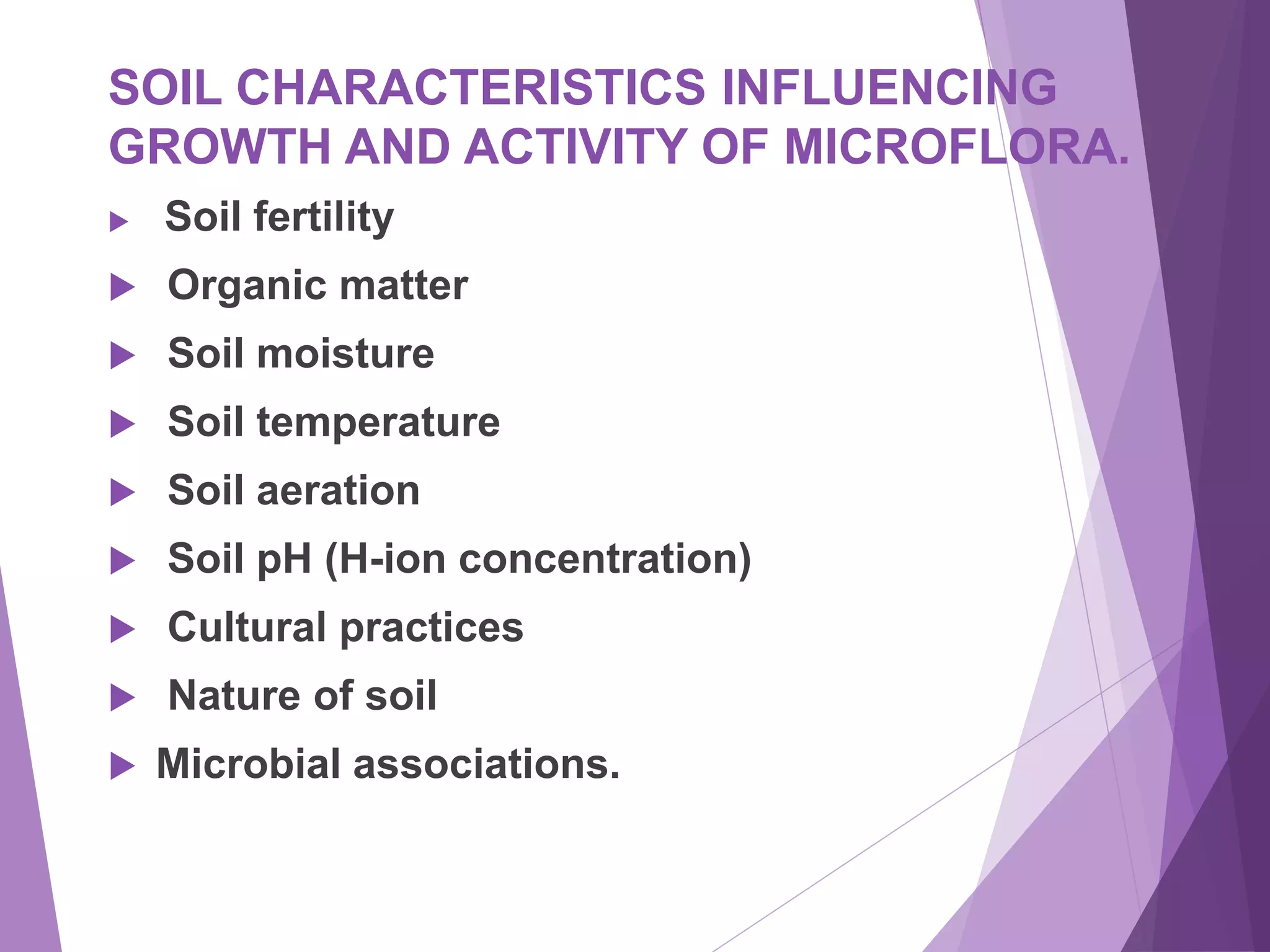 soil characteristics influencing growth and activity of microflora | PPTX