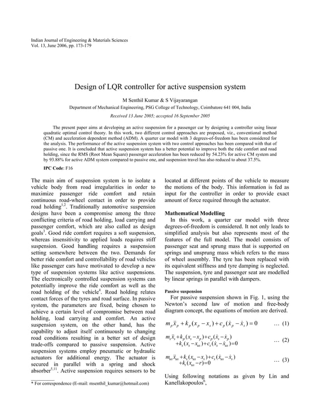 Suspension state space controller design-lqr | PDF