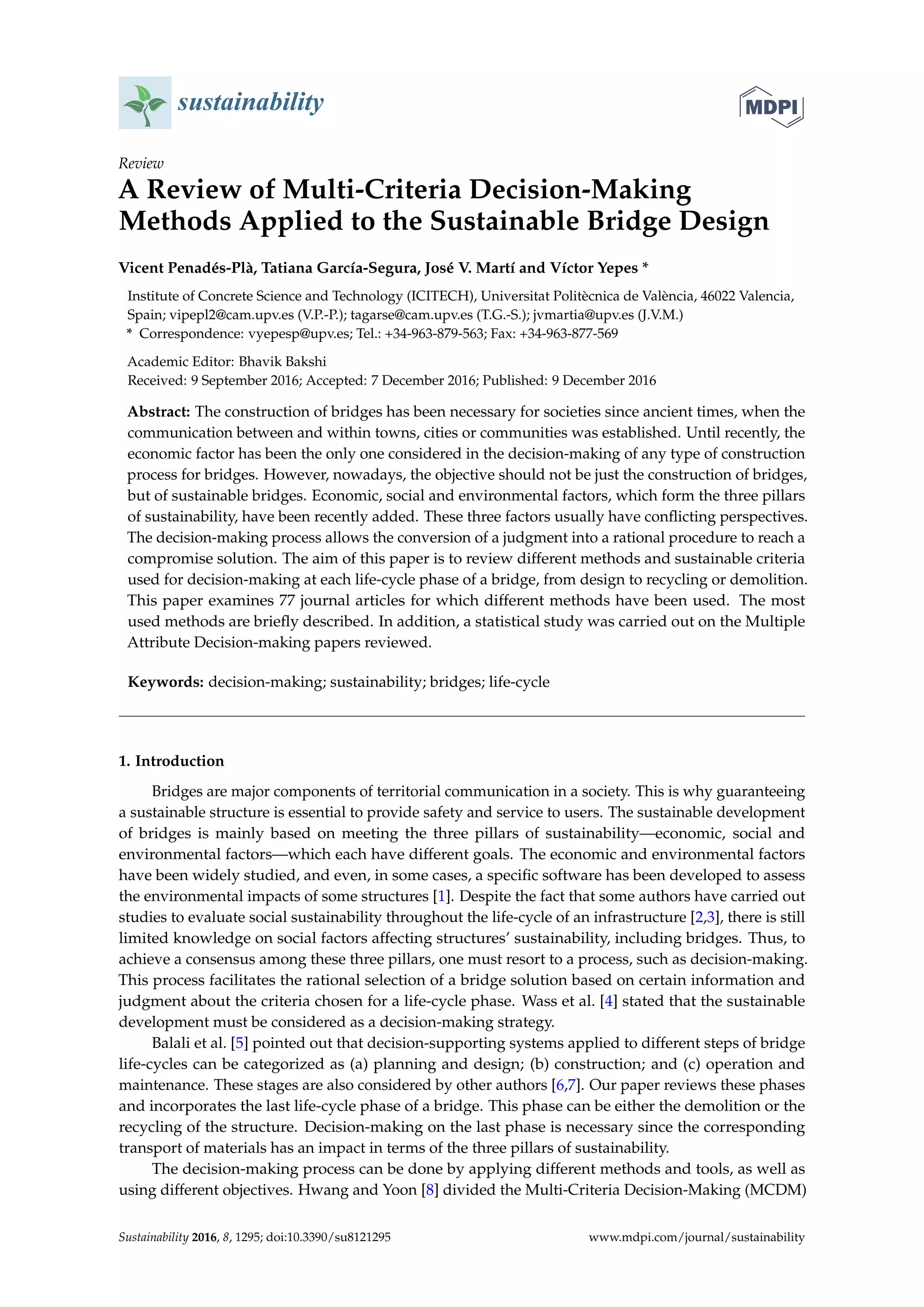 A Review of Multi-Criteria Decision-Making Methods Applied to the Sustainable Bridge Design | PDF