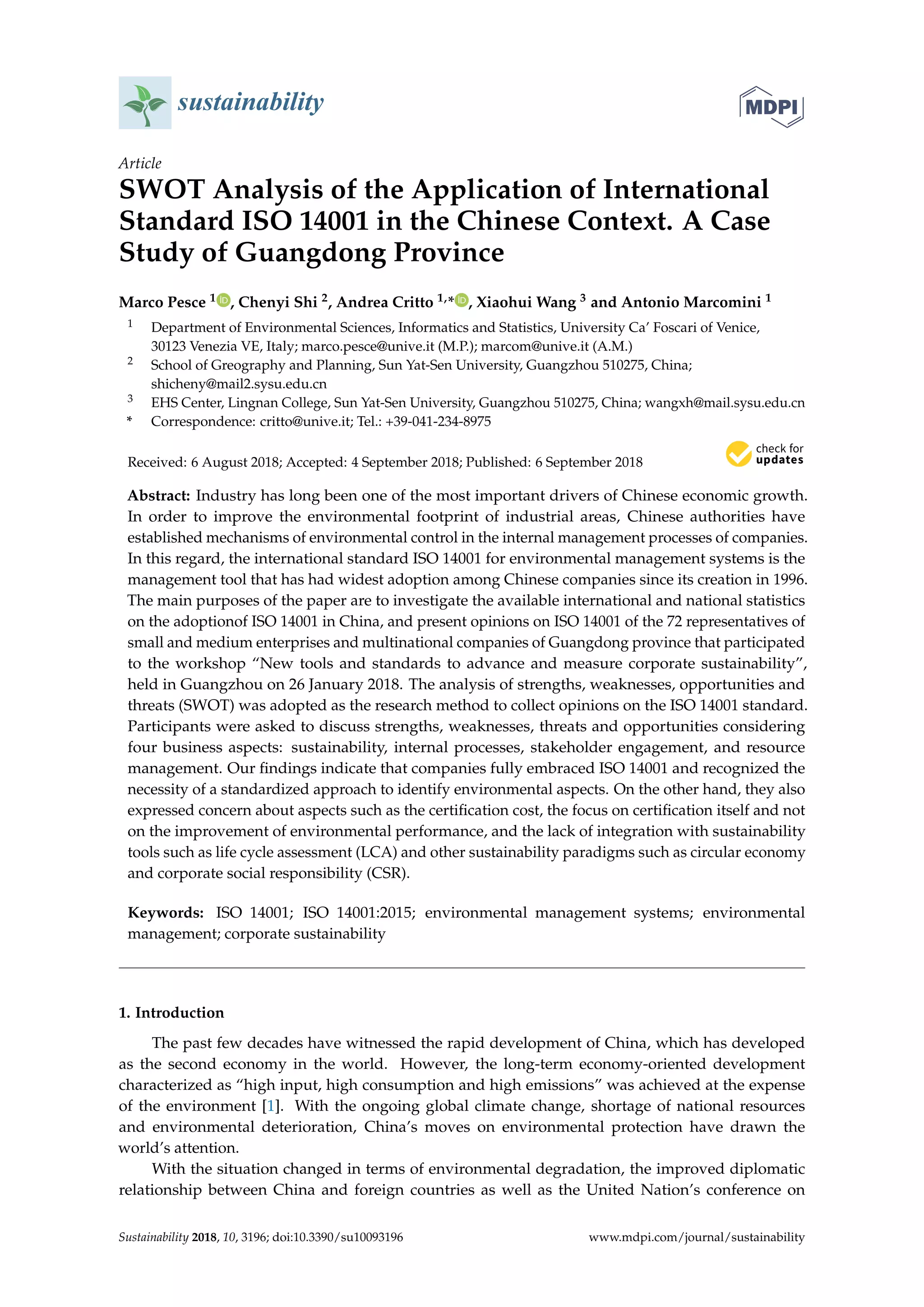 SWOT Analysis of the Application of International Standard ISO 14001 in ...