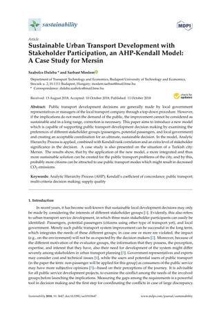 Sustainable Urban Transport Development with Stakeholder Participation, an AHP-Kendall Model: A ...